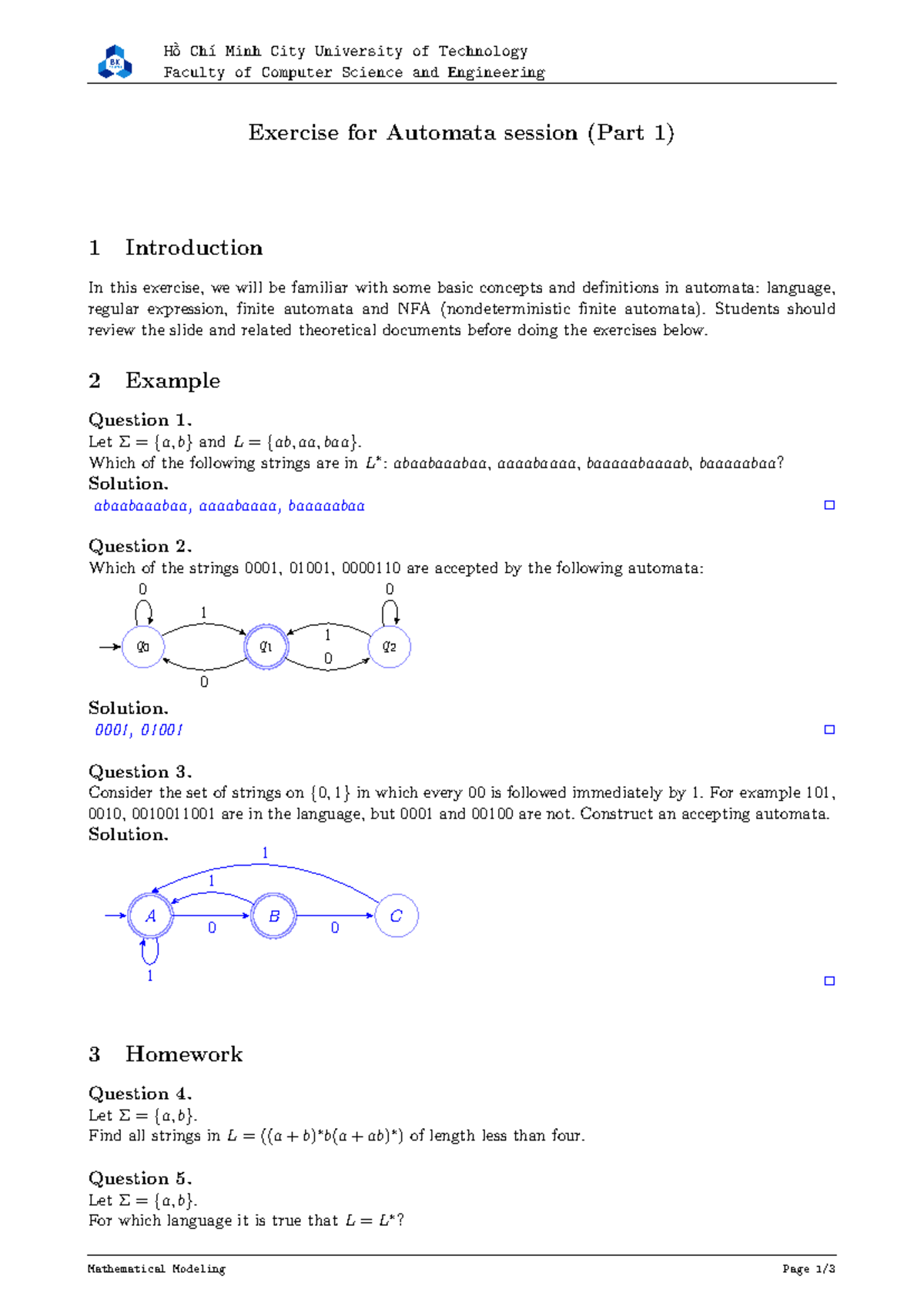 Automata exercise 1 - Hồ Chí Minh City University of Technology Faculty of Computer Science and ...