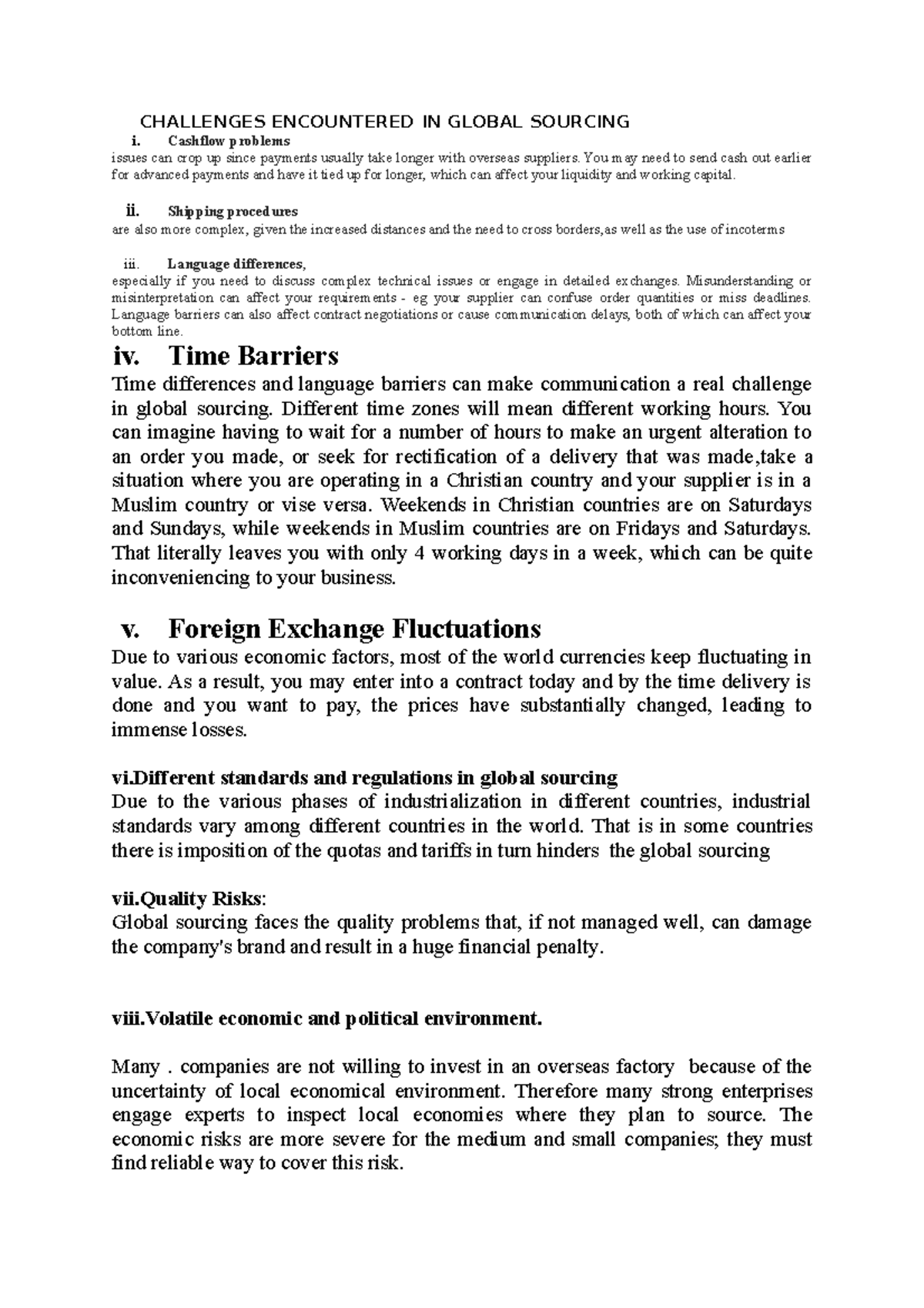 Global sourcing - CHALLENGES ENCOUNTERED IN GLOBAL SOURCING i. Cashflow ...