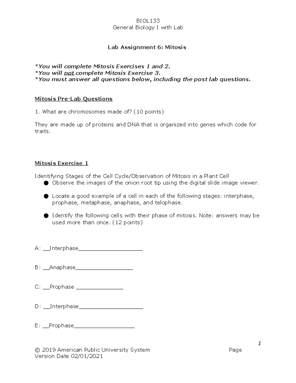 Mitosis Digital Lab BIOL133 (1) - BIOL General Biology I with Lab Lab Assignment 6: Mitosis *You ...