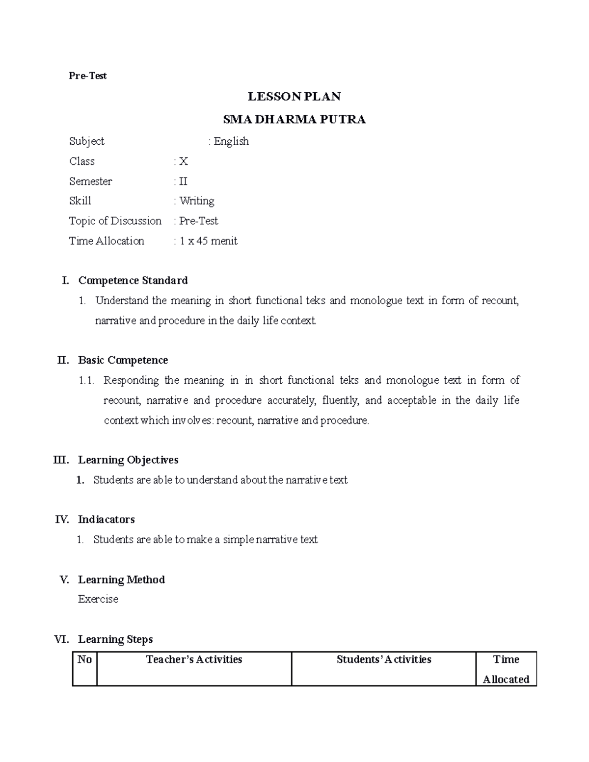 349762416 pre test and post test doco - Pre-Test LESSON PLAN SMA DHARMA ...