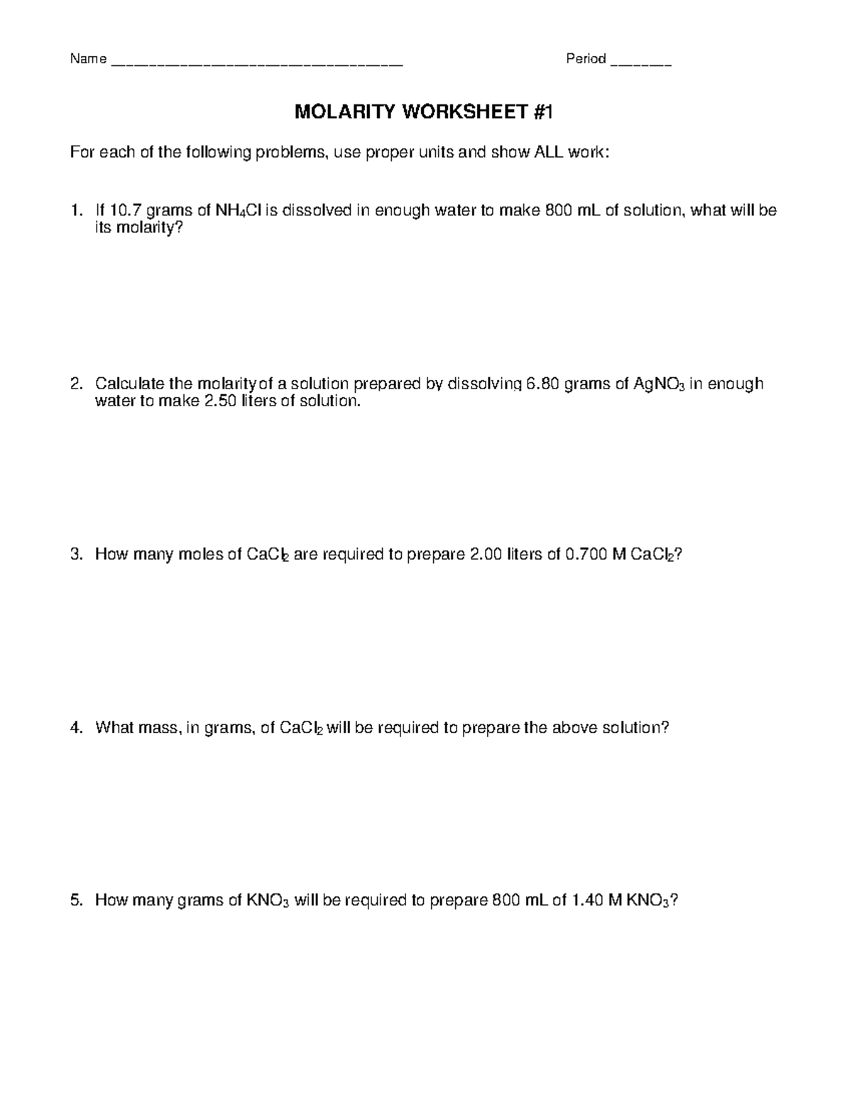 3A - Molarity Worksheet - Name ...