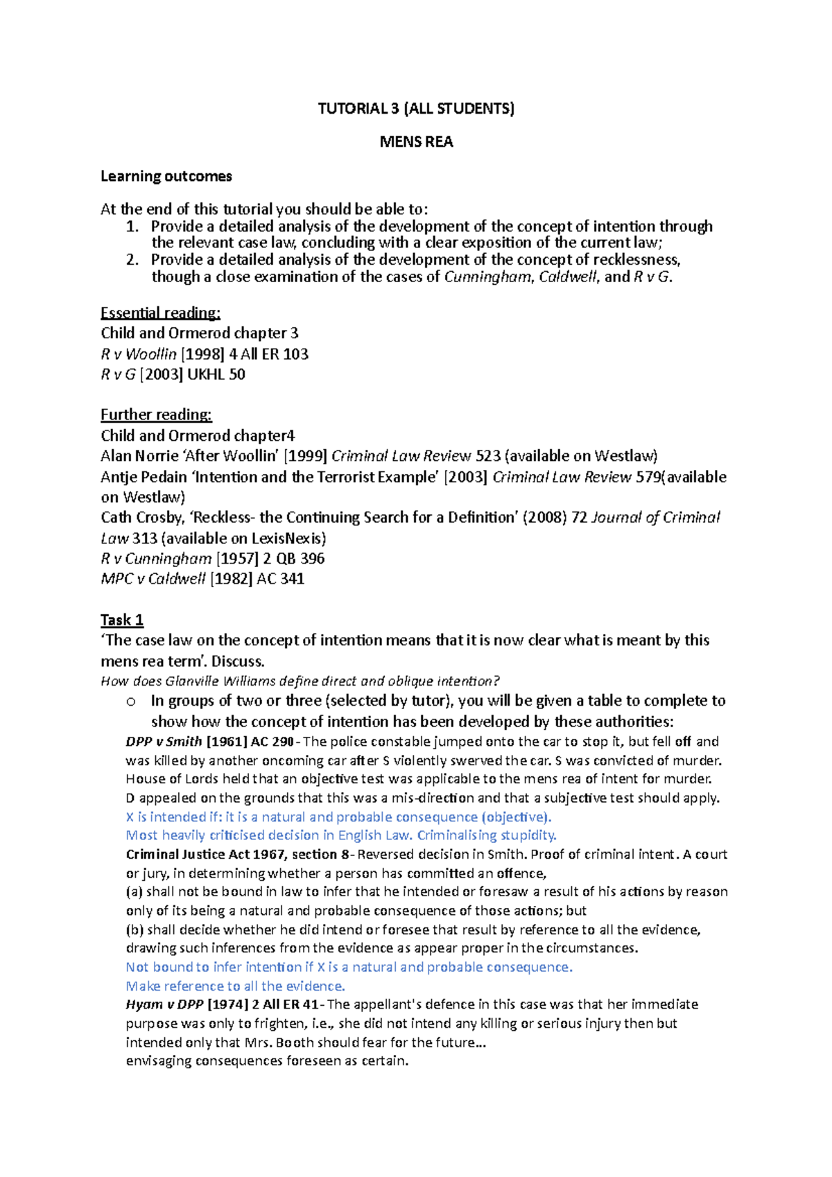 Tutorial 3- Mens Rea - TUTORIAL 3 (ALL STUDENTS) MENS REA Learning ...