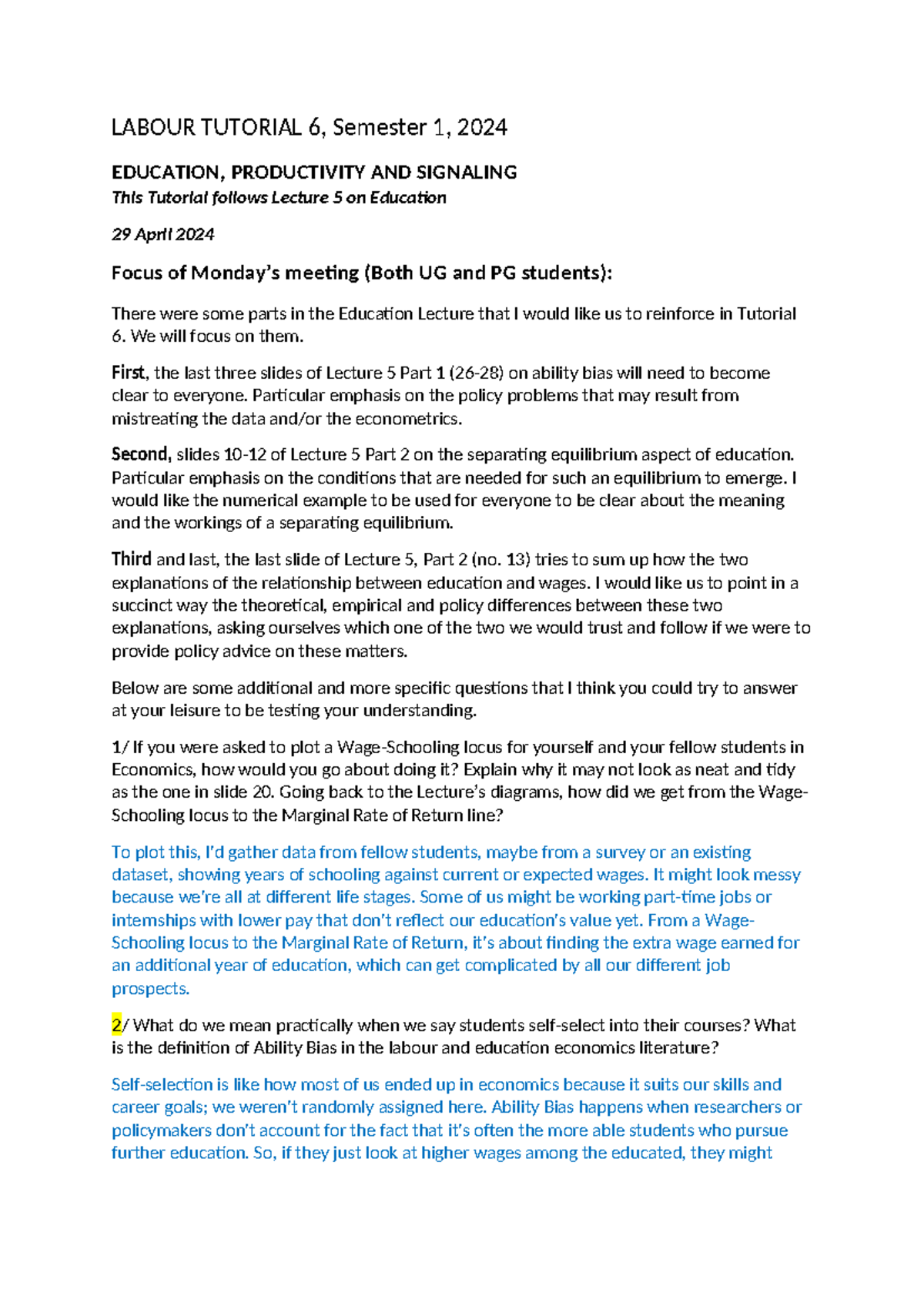 Labour Tutorial 6 - Education - 29Apr2024 - LABOUR TUTORIAL 6, Semester ...
