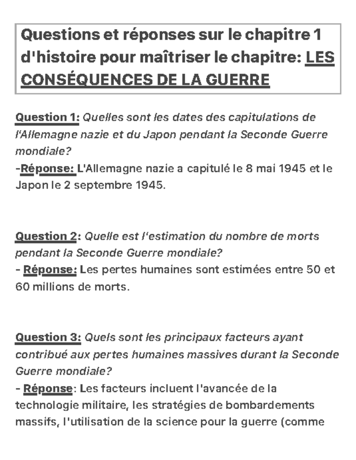 Questions et réponses sur le chapitre 1 d'histoire pour maîtriser ...
