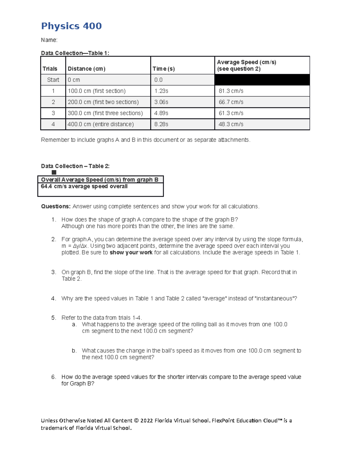 Worksheet 01 08 flvs - dvzsdvsefvsedfvsc - Physics 400 Name: Data ...