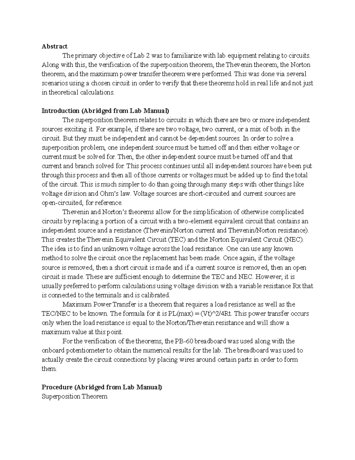 Elec 273 Lab Report 2 - Abstract The primary objective of Lab 2 was to ...