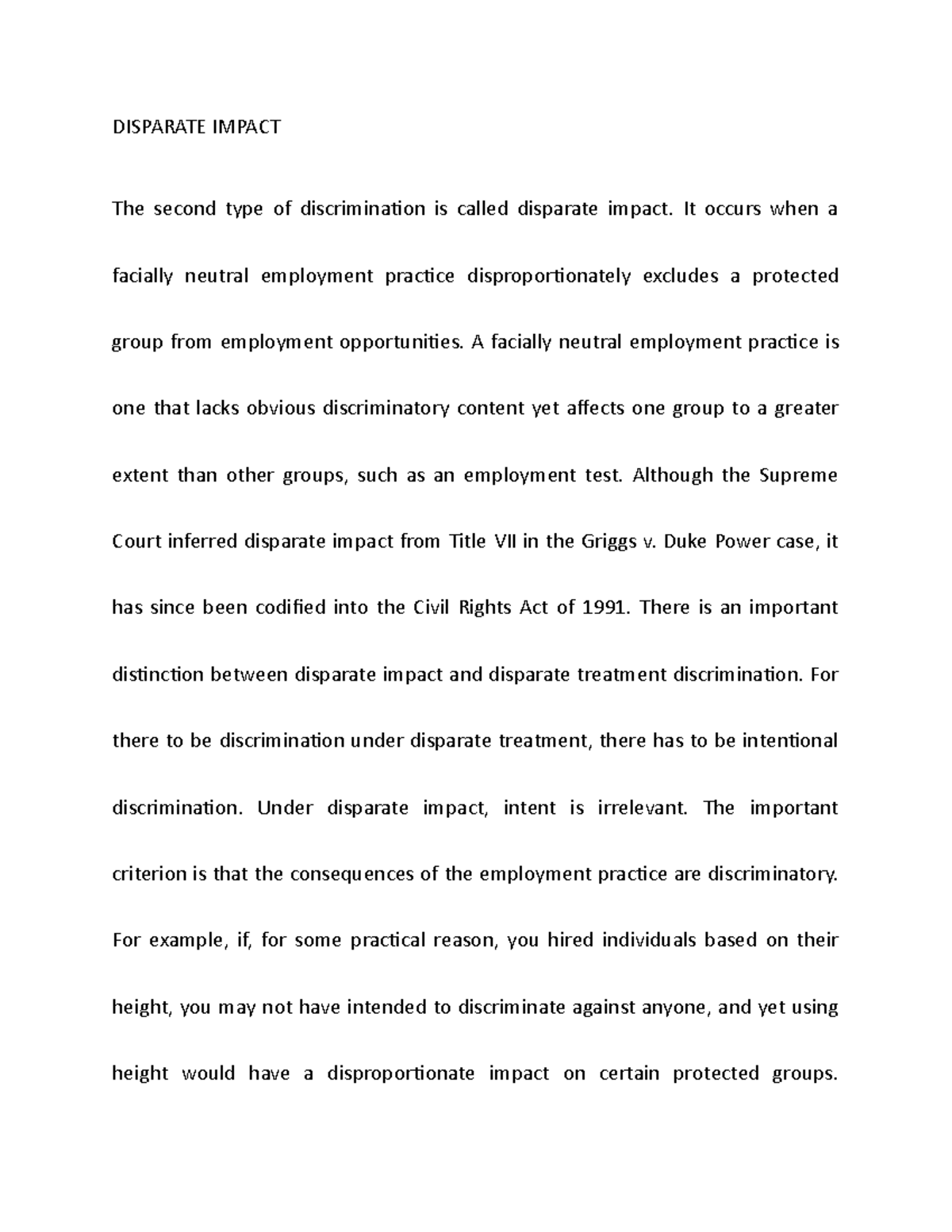 HRM 6 - Disparate Impact - DISPARATE IMPACT The second type of ...