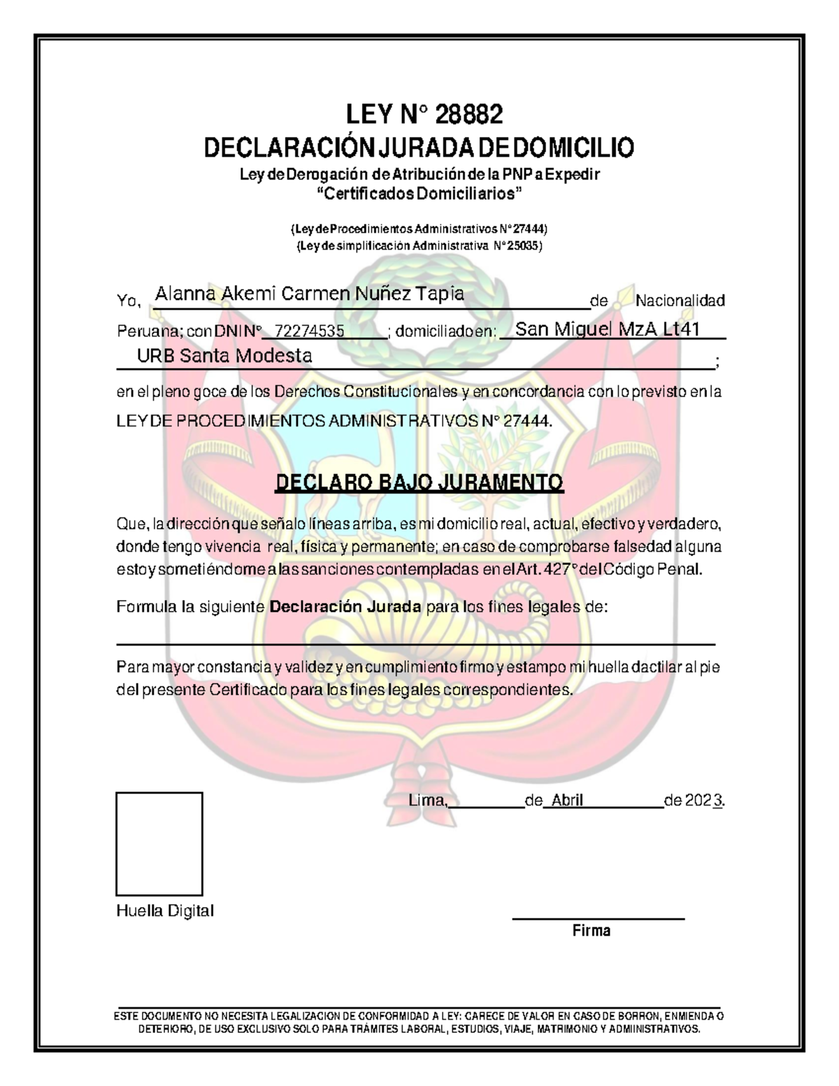 Declaracion Jurada MK - LEY N° 28882 DECLARACIÓN JURADA DE DOMICILIO Ley de Derogación de ...