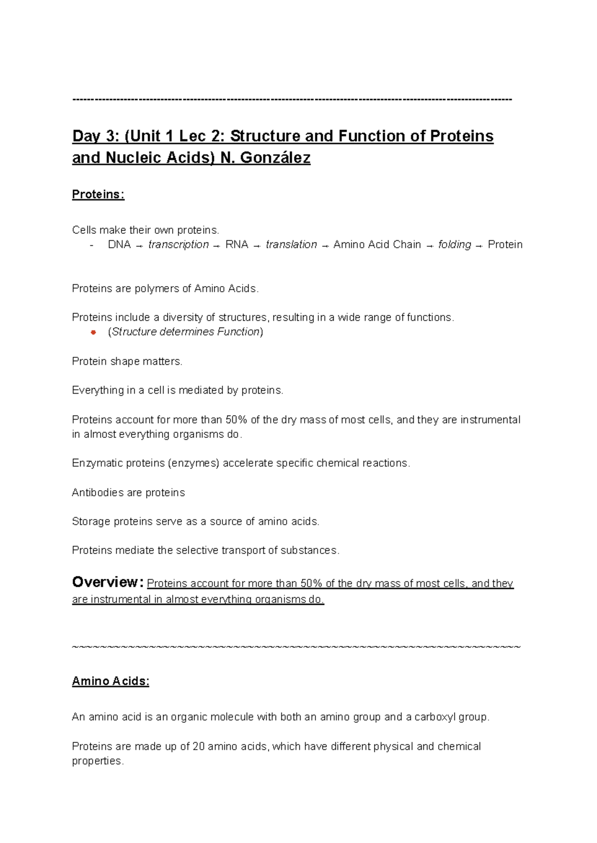 Lecture 2 Biology - n/a - Day 3: (Unit 1 Lec 2: Structure and Function of Proteins and Nucleic ...