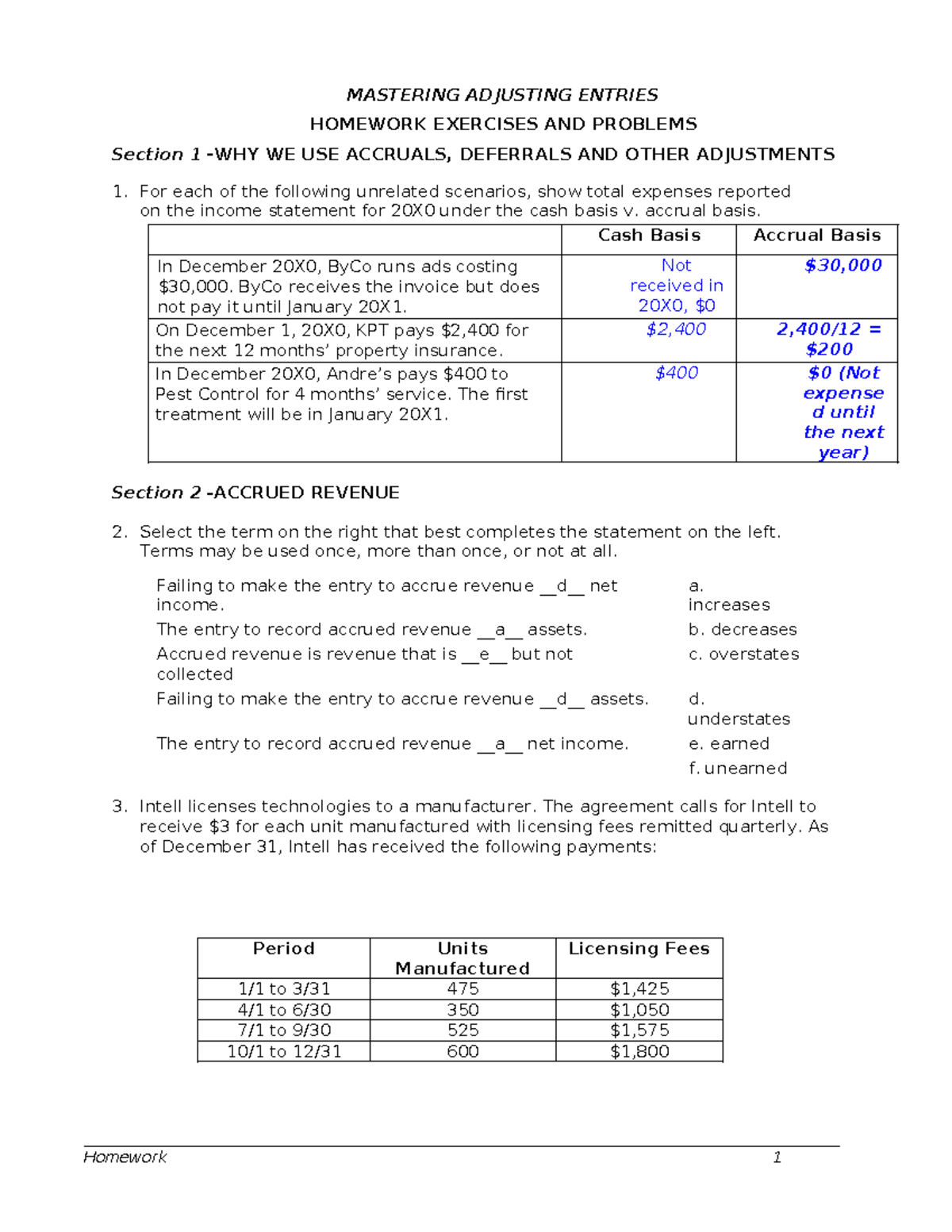 Adjusting Entries Homework - HOMEWORK EXERCISES AND PROBLEMS Section 1 WHY WE USE ACCRUALS ...