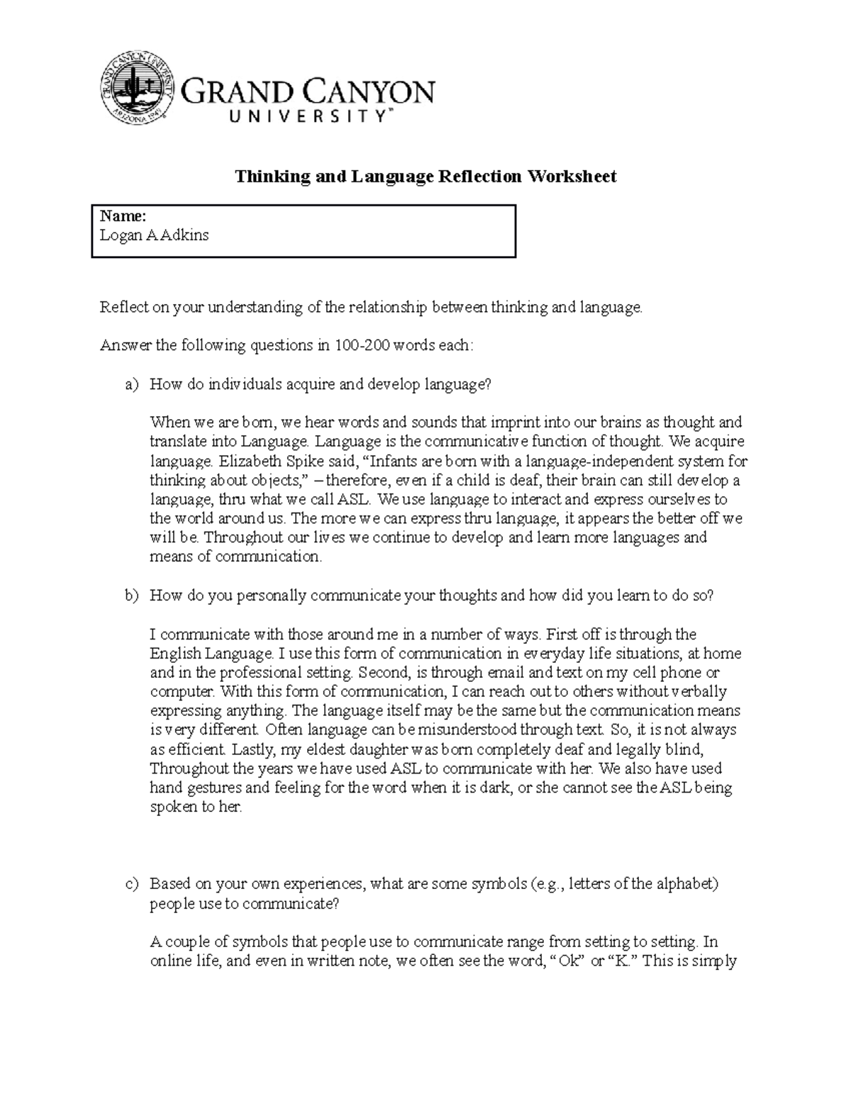 Thinking and Language Worksheet Week 5 - Thinking and Language ...