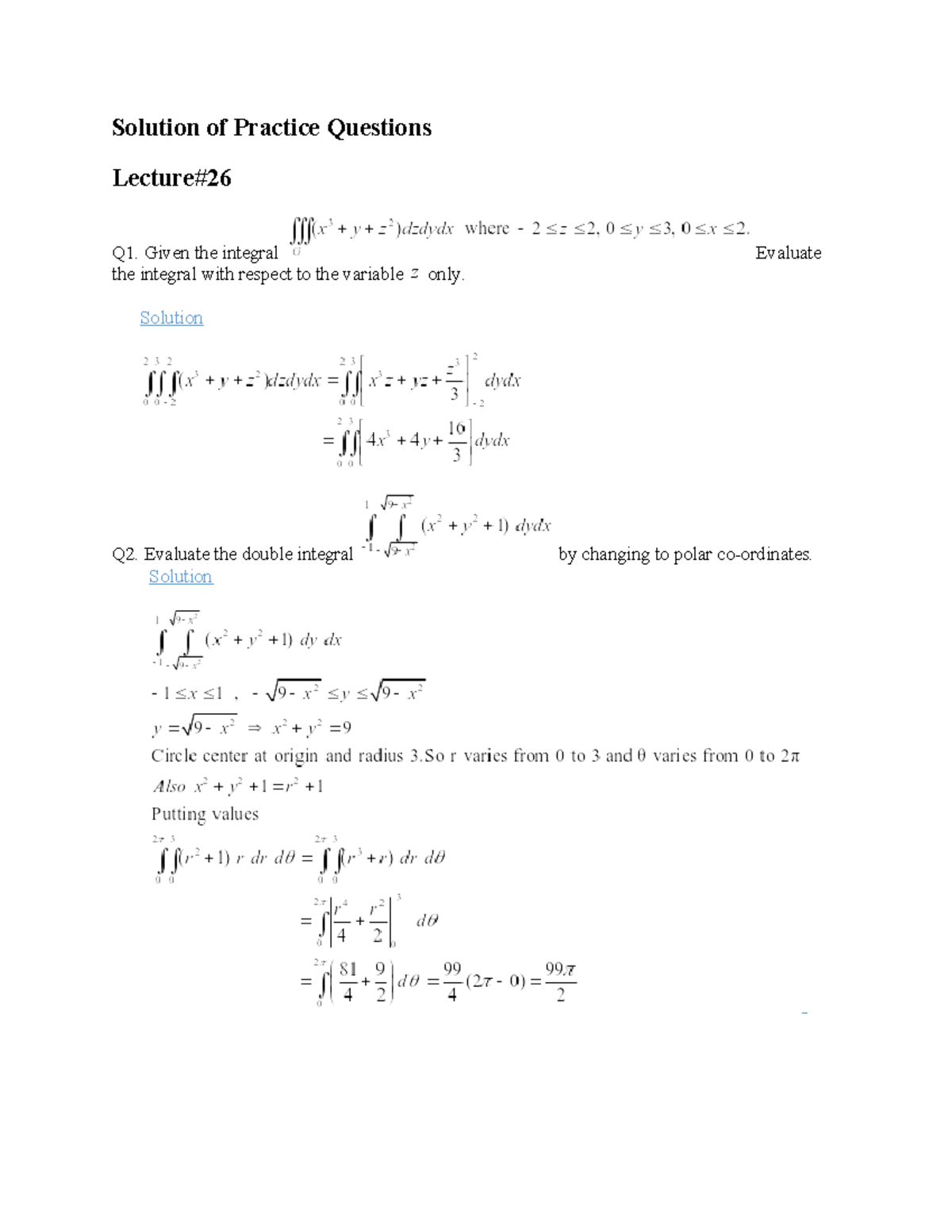 Solution of Practice questions lecture 26-28 - Solution of Practice ...