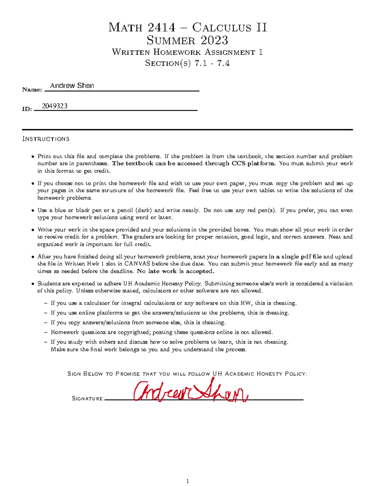 Whwk1-1 - ssssdasdadadagg - Math 2414 – Calculus II Summer 2023 Written ...