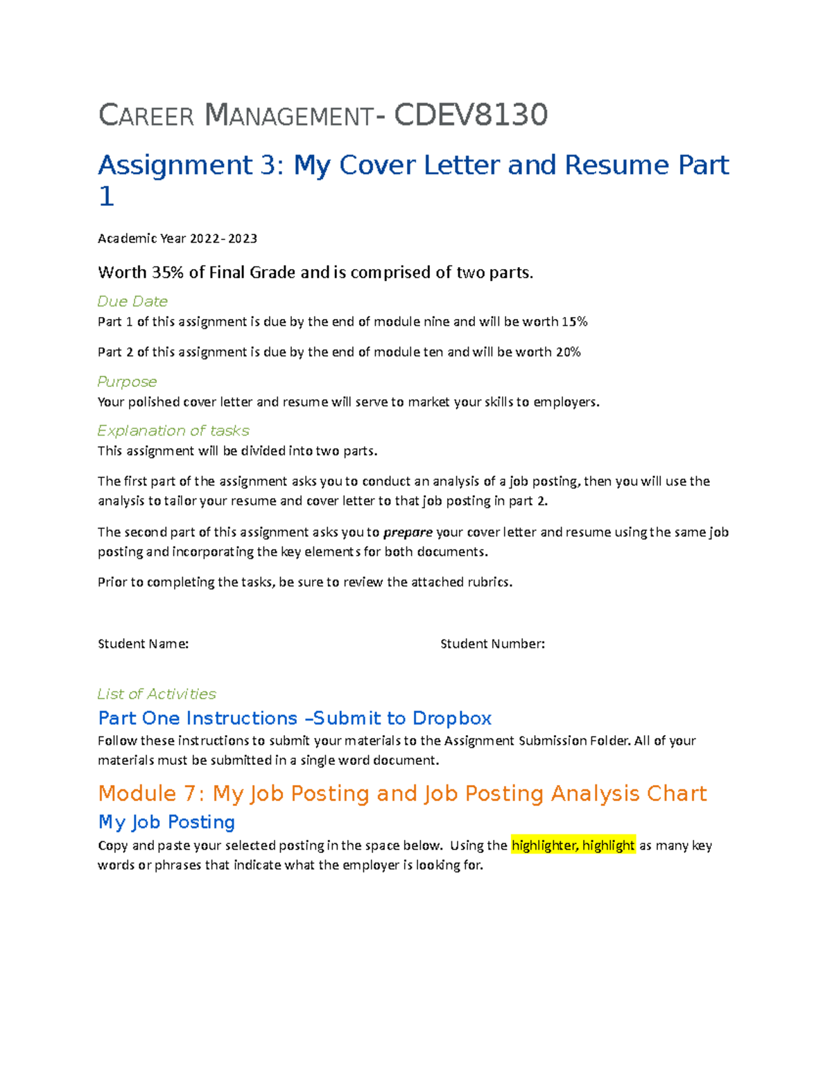 CDEV8130 Career Management Assignment 3 My Resume and Cover Letter Part ...