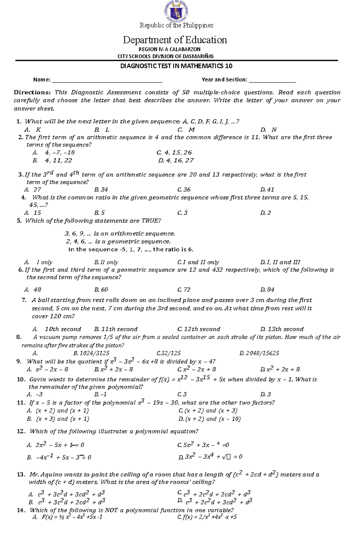 Diagnostic TEST MATH Final - Republic of the Philippines Department of ...