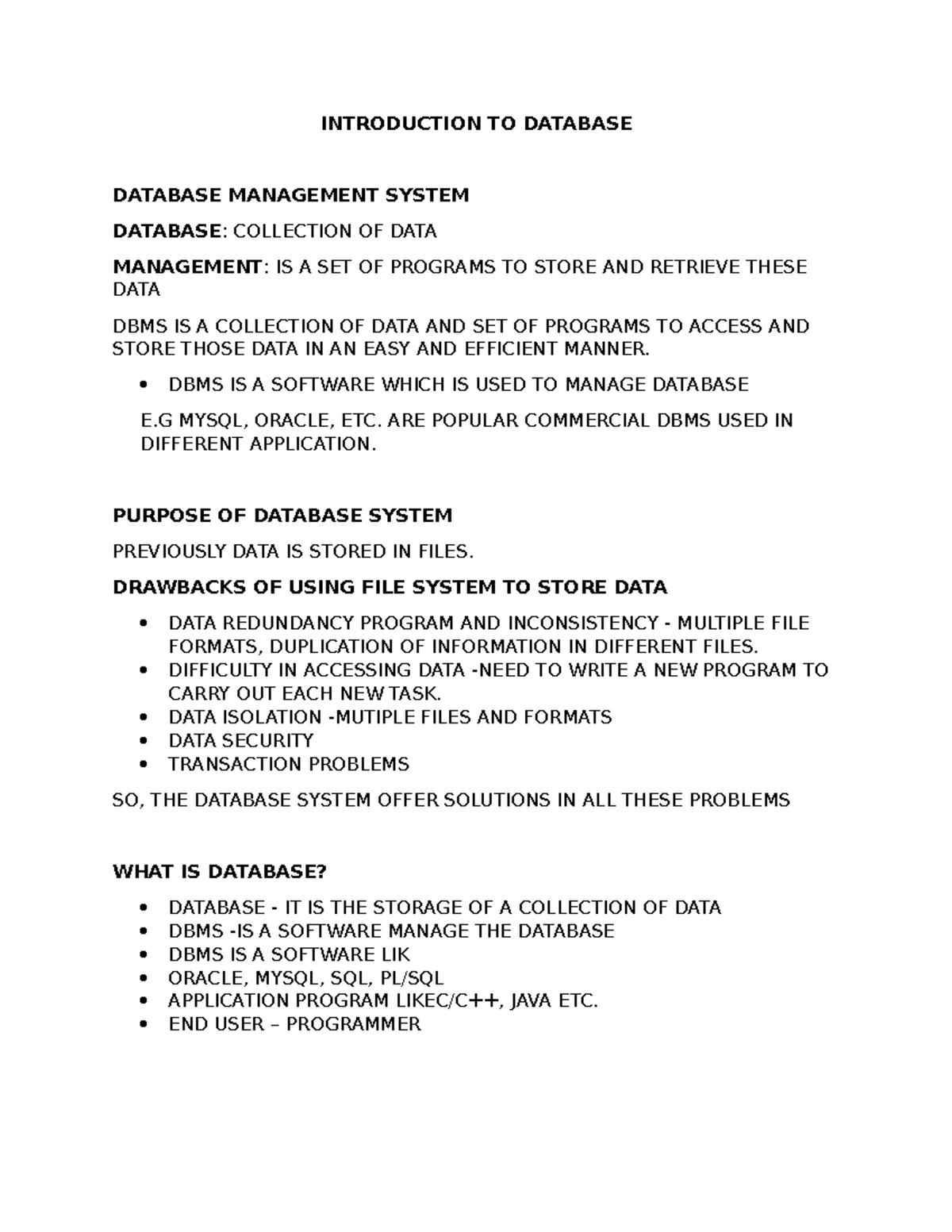 Introduction To Database Introduction To Database Database Management System Database