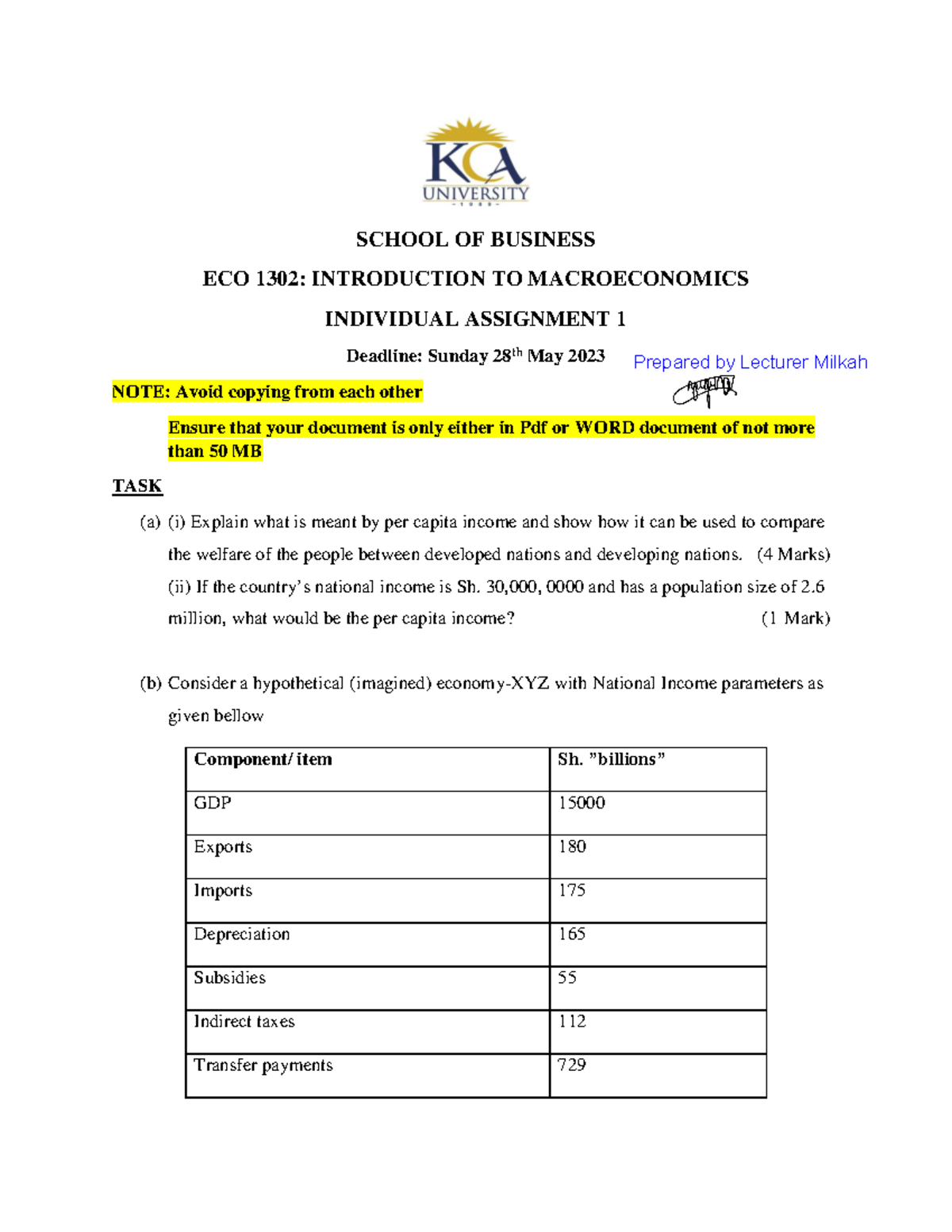 ECO 1302 - Individual Assignment 1 - Copy - SCHOOL OF BUSINESS ECO 1302 ...