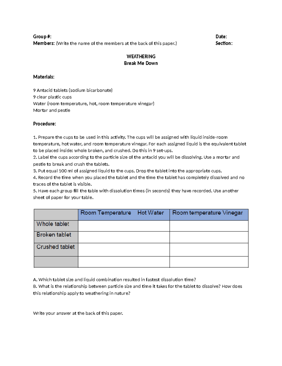 Weathering Activity - Group #: Date: Members: (Write the name of the ...