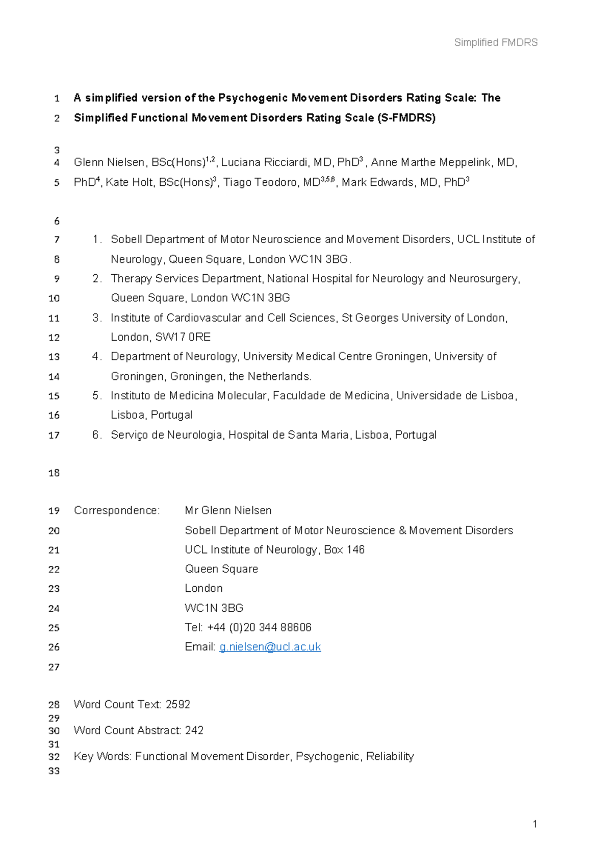 Simplified Psychogenic Movement Disorders Rating Scale Revision final 2 ...