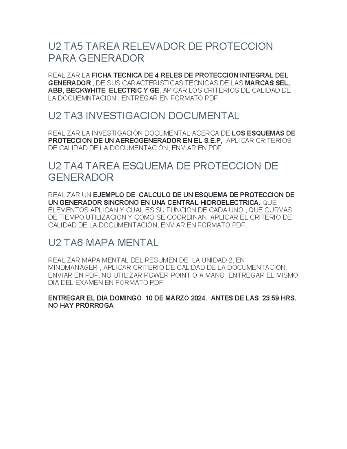 Tareas - U2 TA5 TAREA RELEVADOR DE PROTECCION PARA GENERADOR REALIZAR LA FICHA TECNICA DE 4 ...