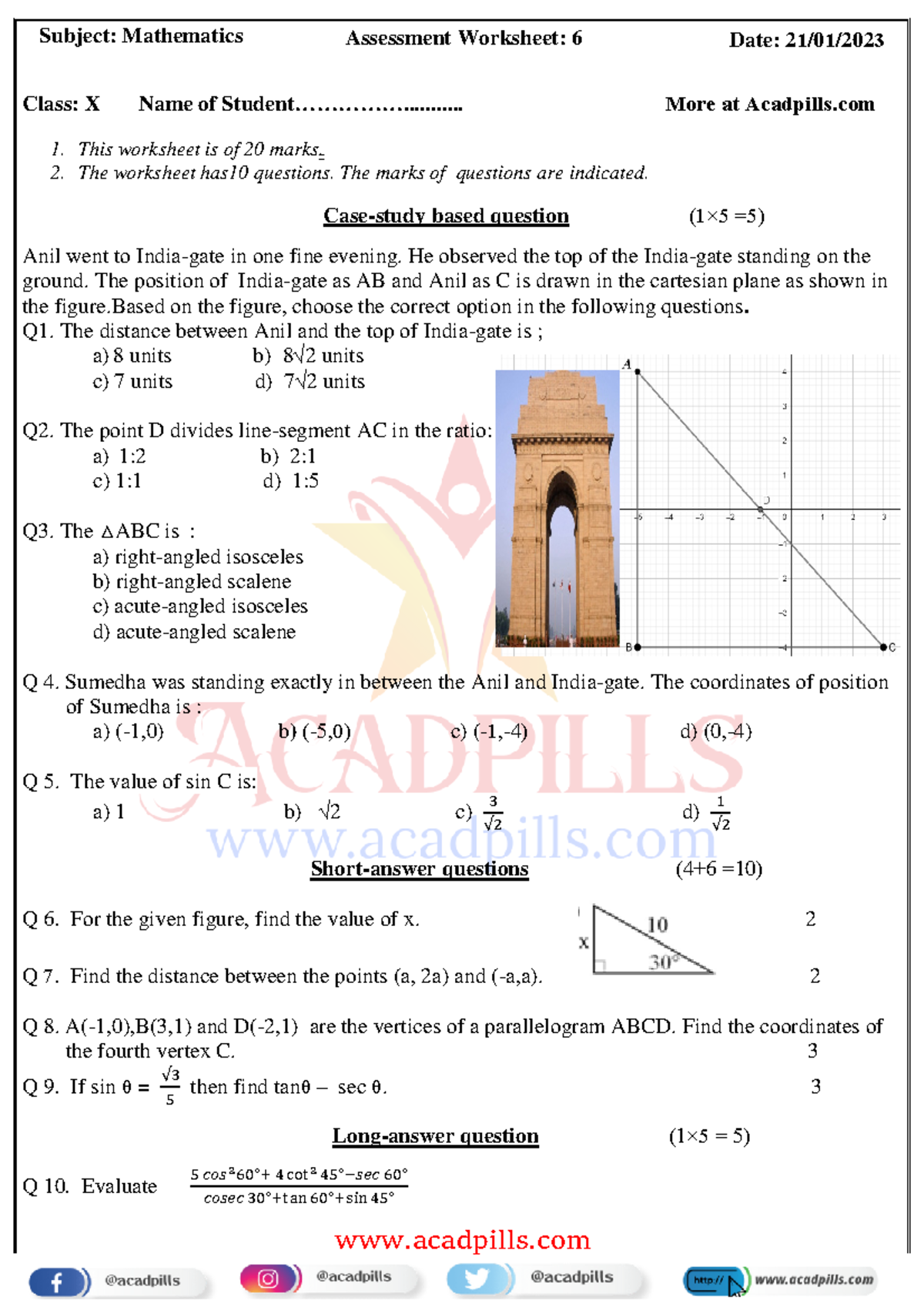 Maths Assessment Worksheet 6 - Subject: Mathematics Class: X Name of ...