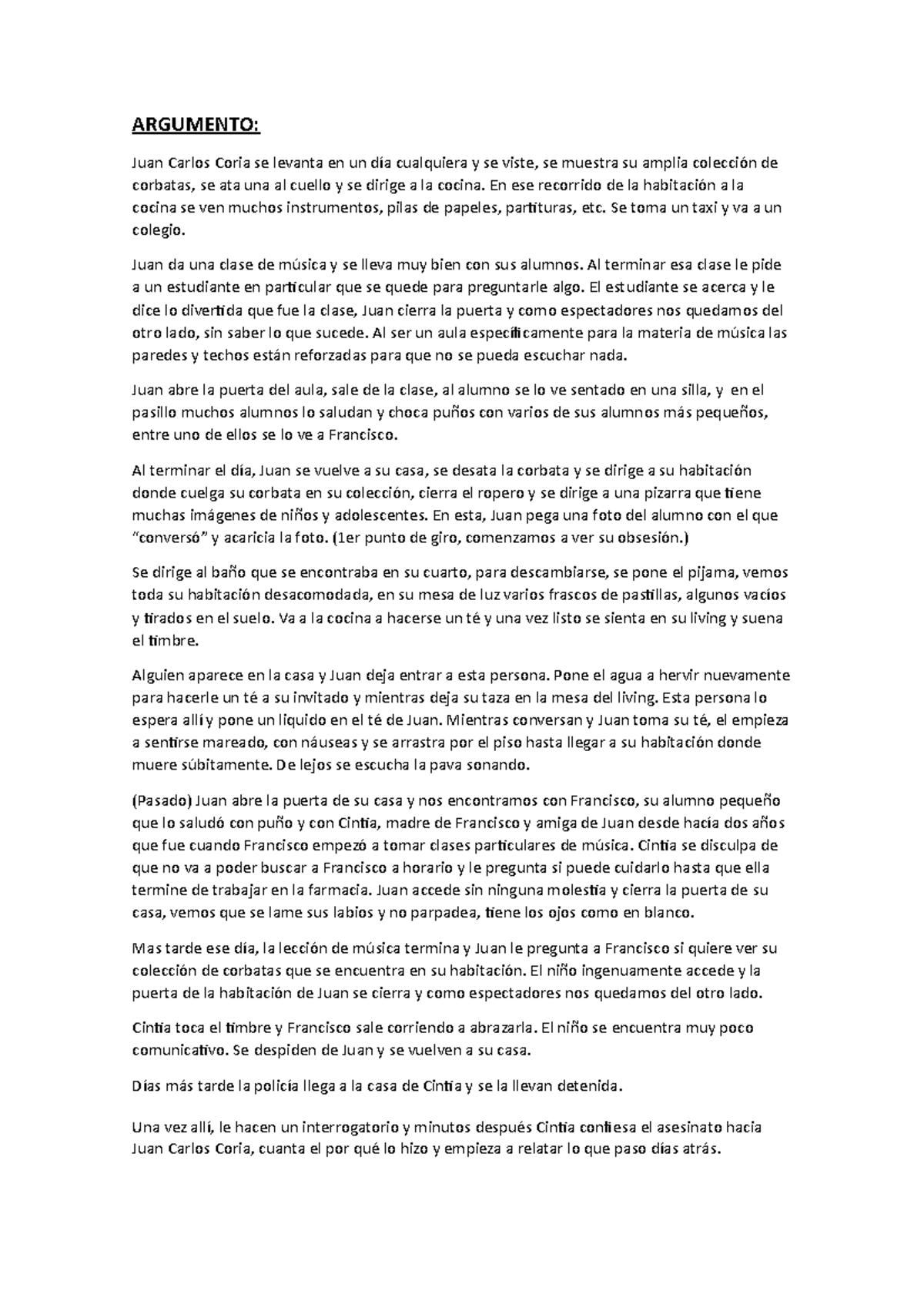 Argumento - Guion- TP1 - ARGUMENTO: Juan Carlos Coria se levanta en un ...