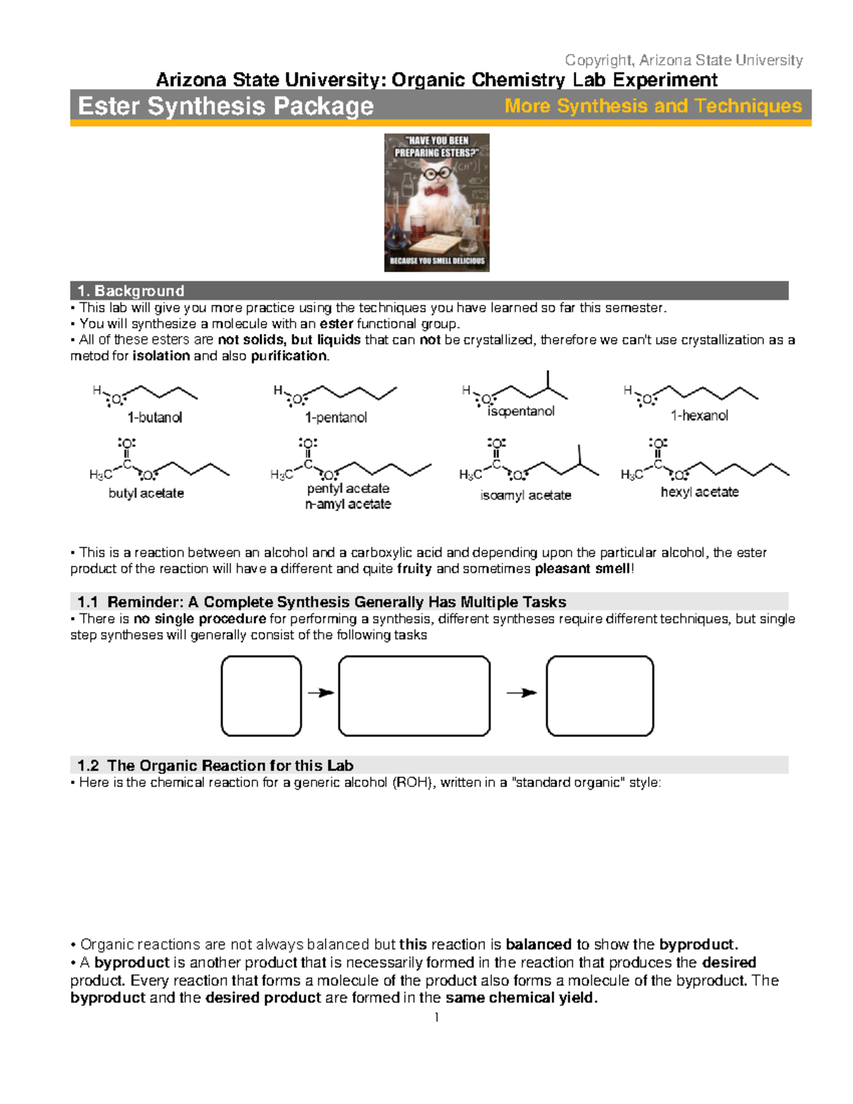 Esterification - Lecture notes for lab - Copyright, Arizona State ...