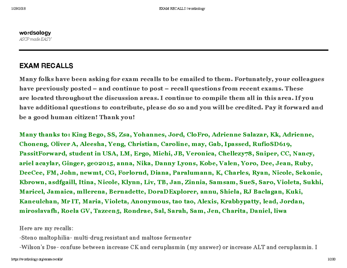 EXAM Recalls - wordsology - EXAM RECALLS Many folks have been asking ...