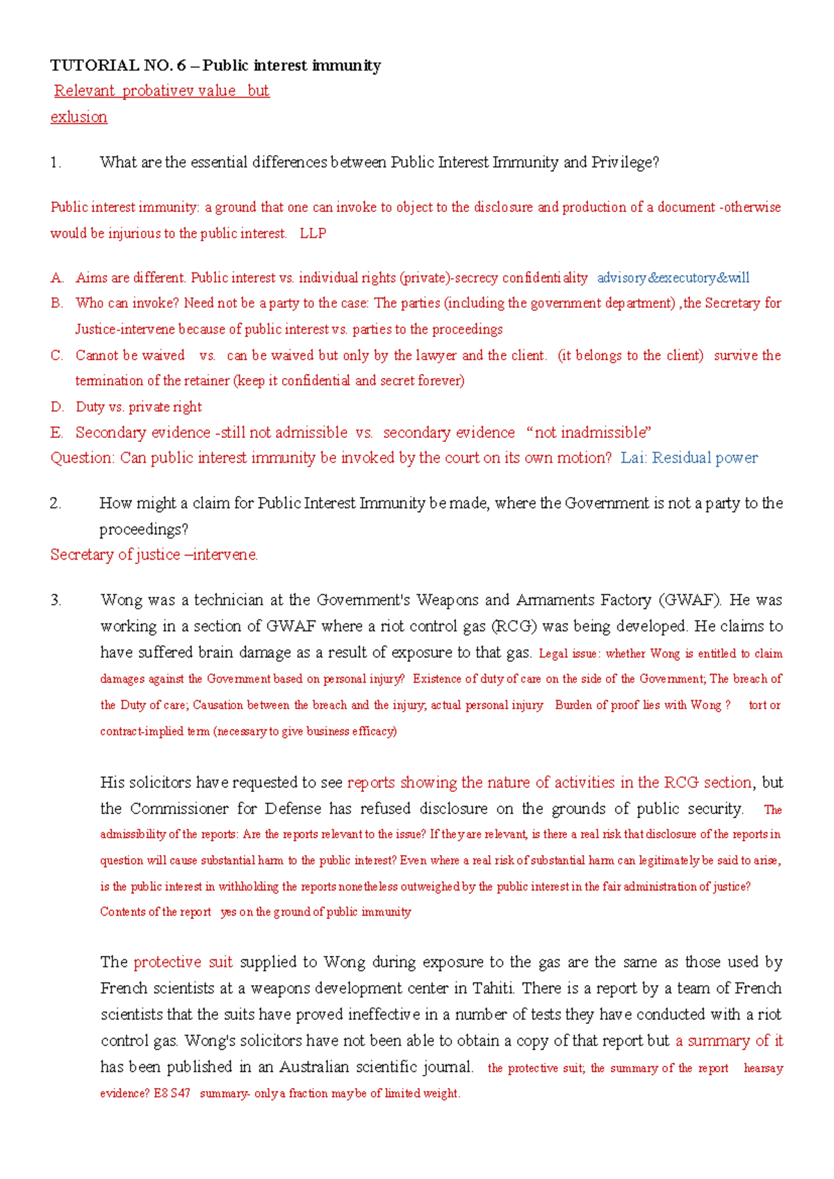 Tutorial 6 Public Interest Immunity - TUTORIAL NO. 6 – Public interest ...