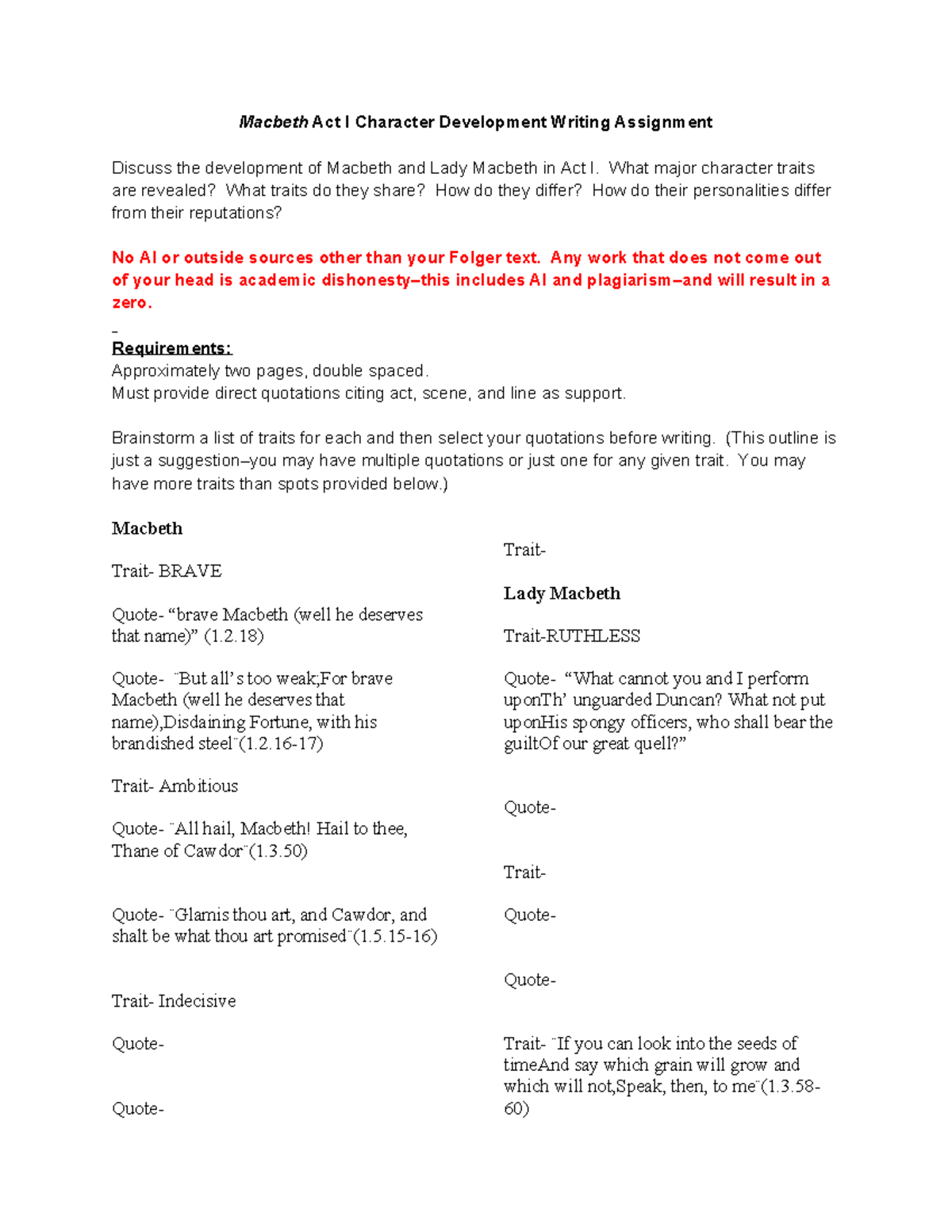Andy Tenemaza-huerta - Macbeth Act I Character Development Writing with ...