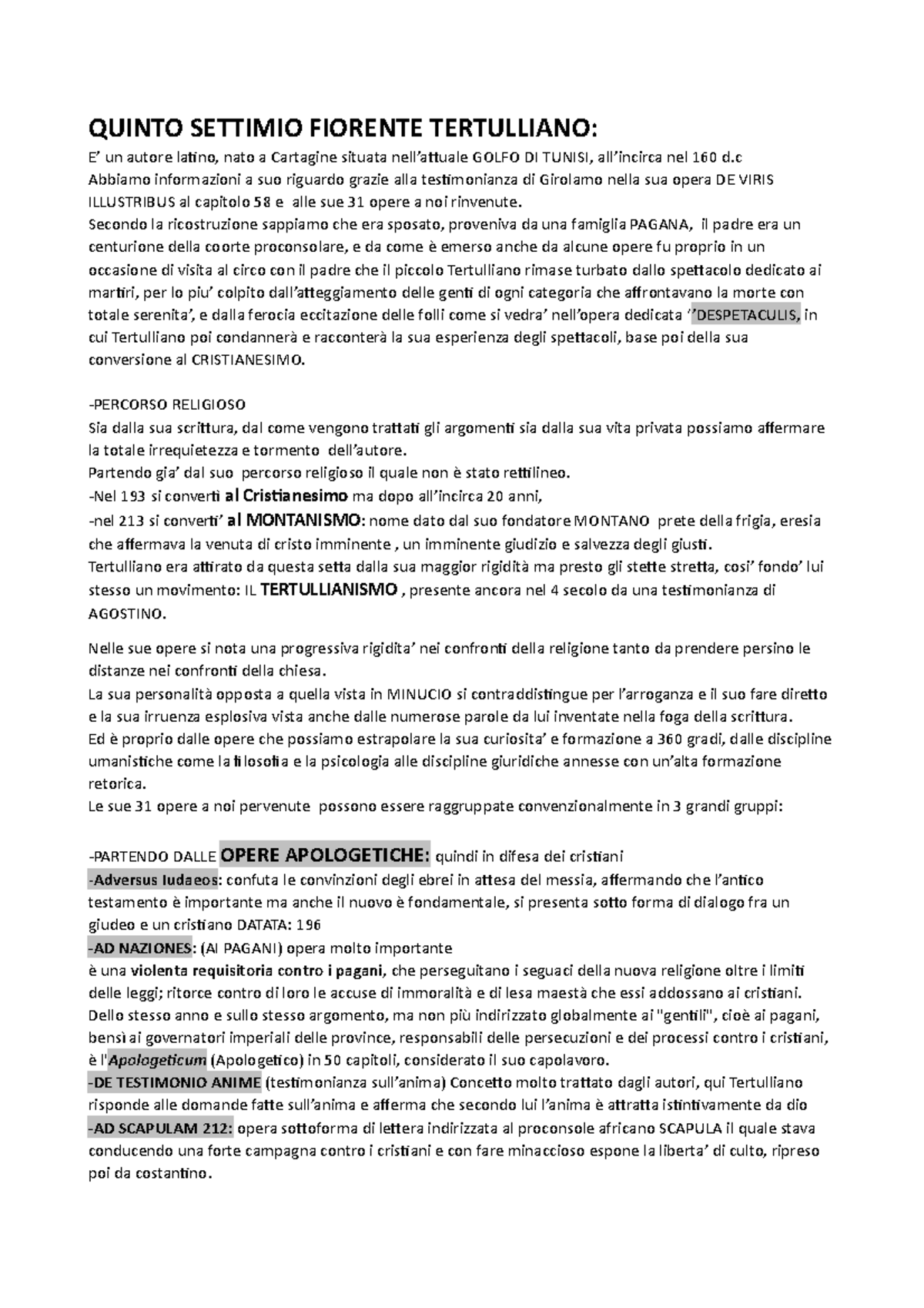Tertulliano + Commento DEL Testo - QUINTO SETTIMIO FIORENTE TERTULLIANO ...
