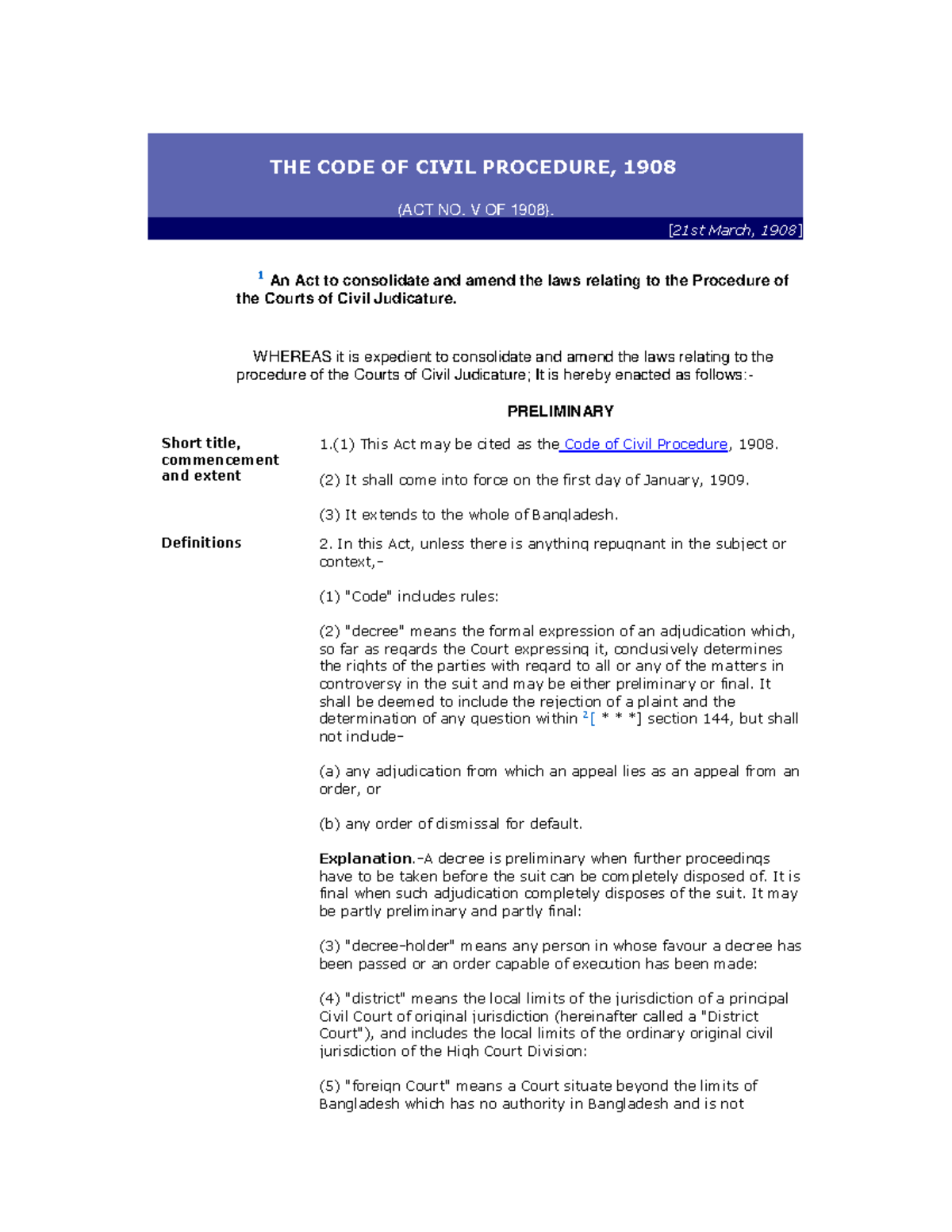 Civil Procedure Code - help me to provide this slide - THE CODE OF CIVIL PROCEDURE, 1908 (ACT NO ...