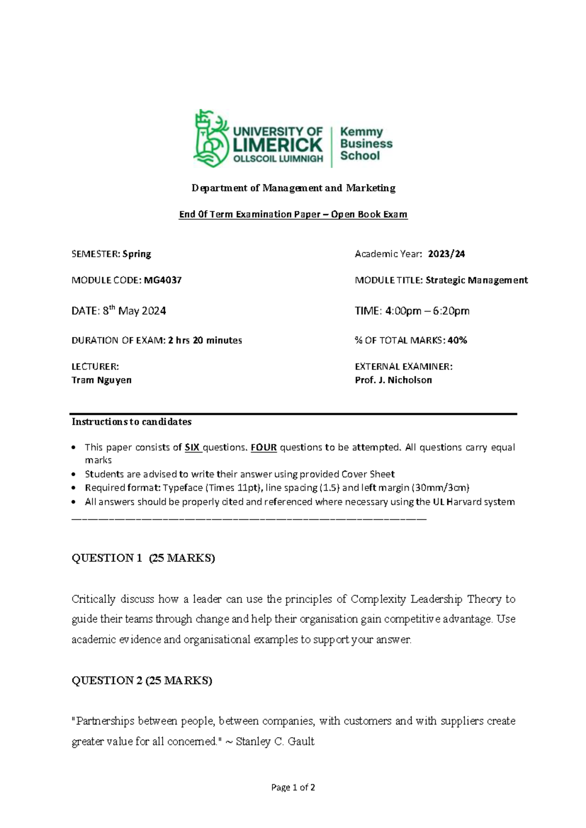 MG4037 COVER SHEET FOR EXAM - Page 1 of 2 Department of Management and ...