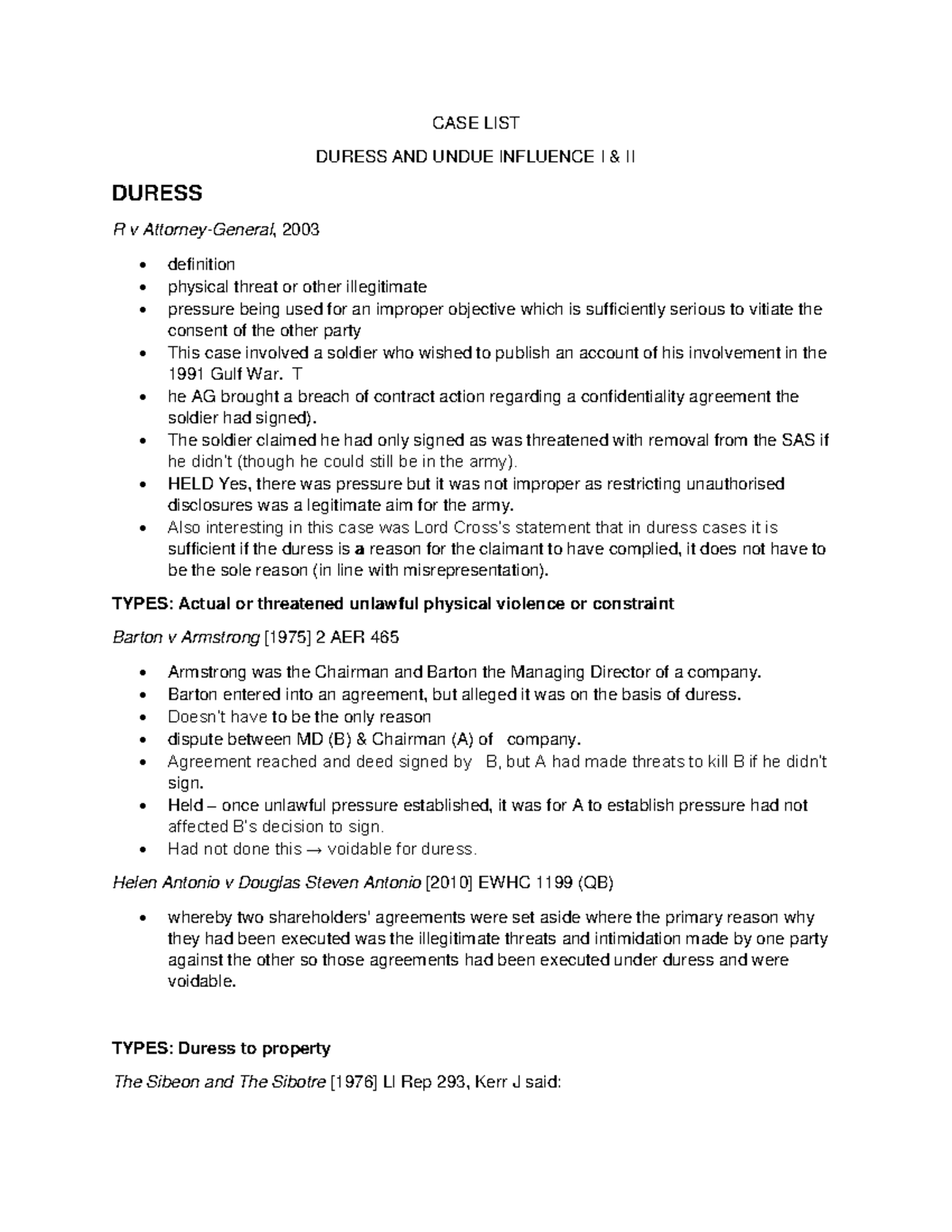 CASE LIST Duress AND Undue Influence - CASE LIST DURESS AND UNDUE ...