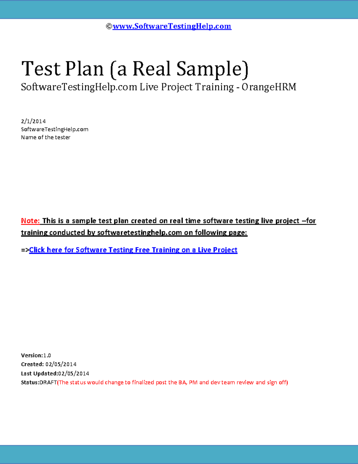 Live Project Test Plan Software Testing Help - © SoftwareTestingHelp ...