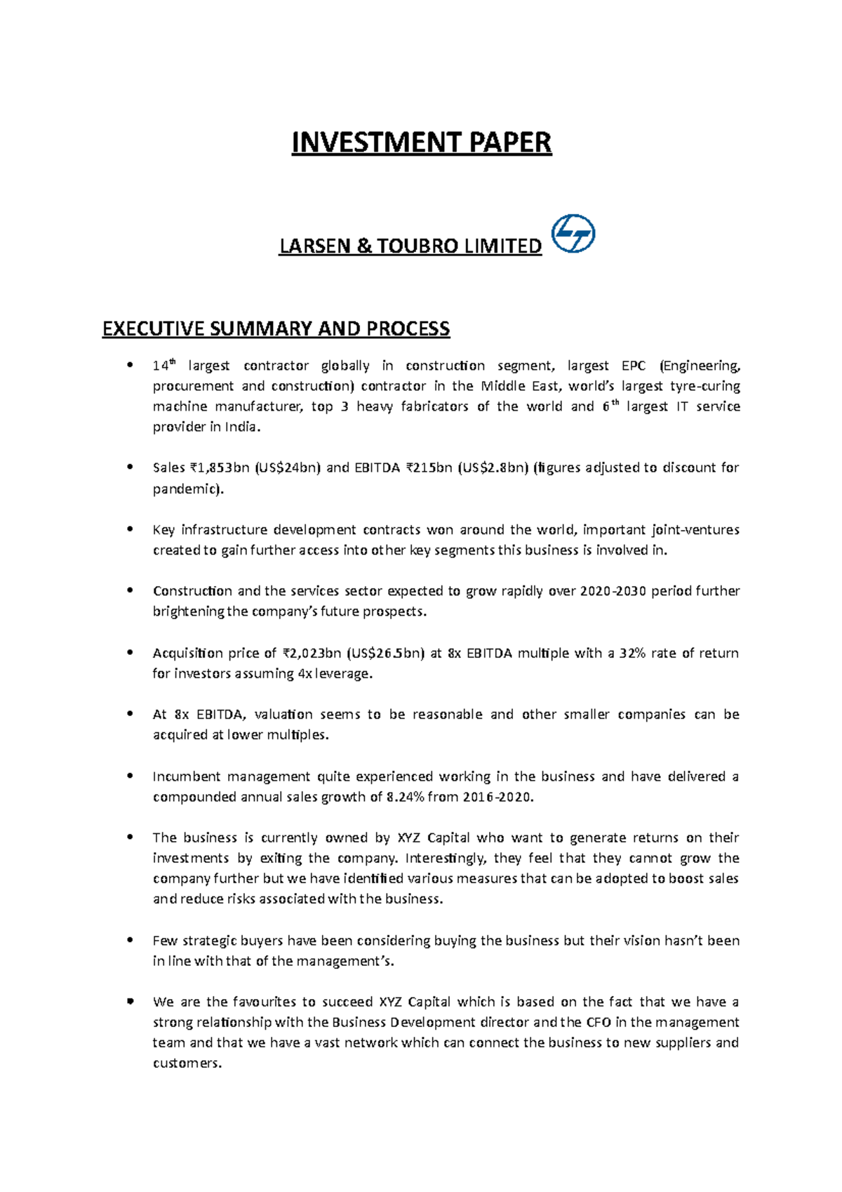PE-VC Essay - aaaaa - INVESTMENT PAPER LARSEN & TOUBRO LIMITED ...