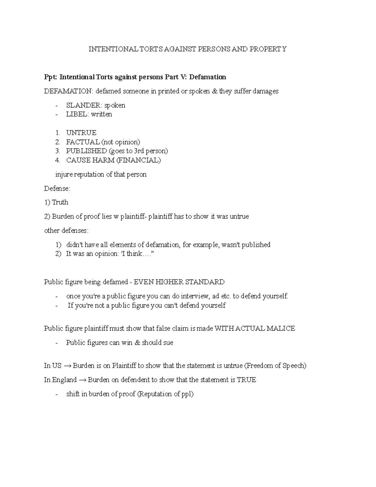 Intentional Torts Against Persons AND Property - INTENTIONAL TORTS ...