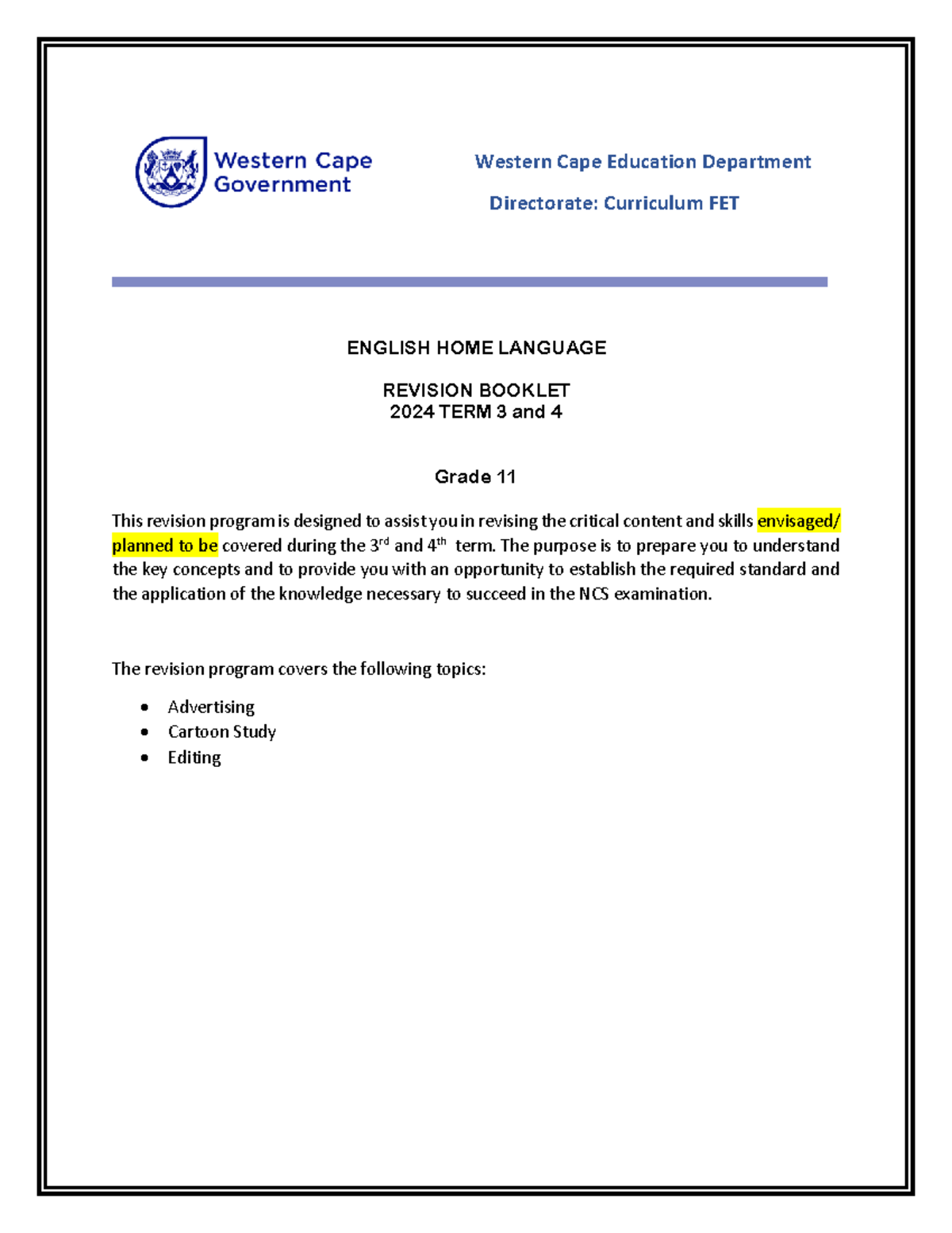 Revision - 2024 - Grade 11 English Home Language - Term 3 and 4 ...