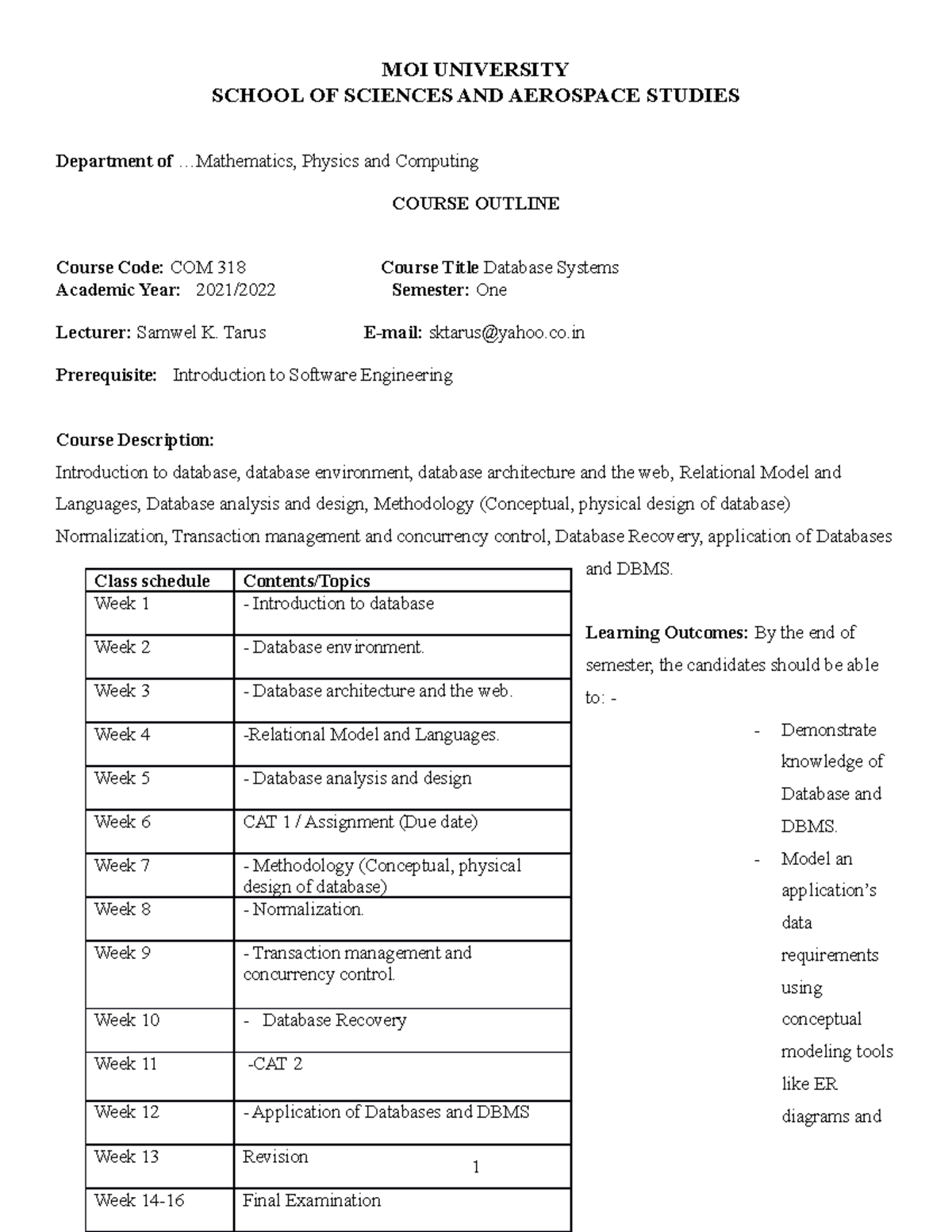 COM 318 Course Outline Database Systems - MOI UNIVERSITY SCHOOL OF ...