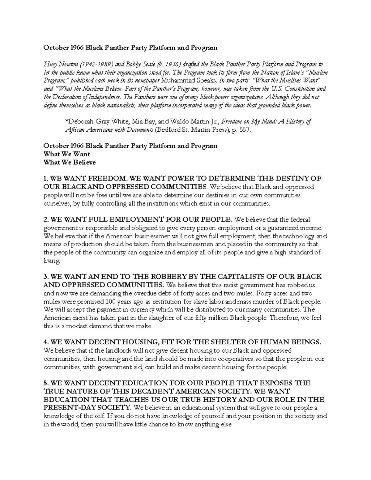 Black Panther Party Platform and Program 1966 - October 1966 Black ...