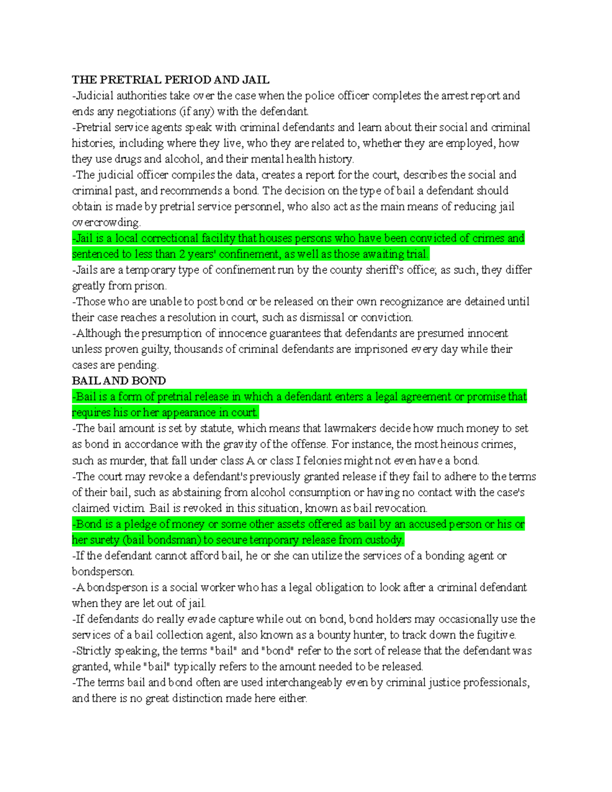 COR 101 Chapter 5 Notes - THE PRETRIAL PERIOD AND JAIL -Judicial ...