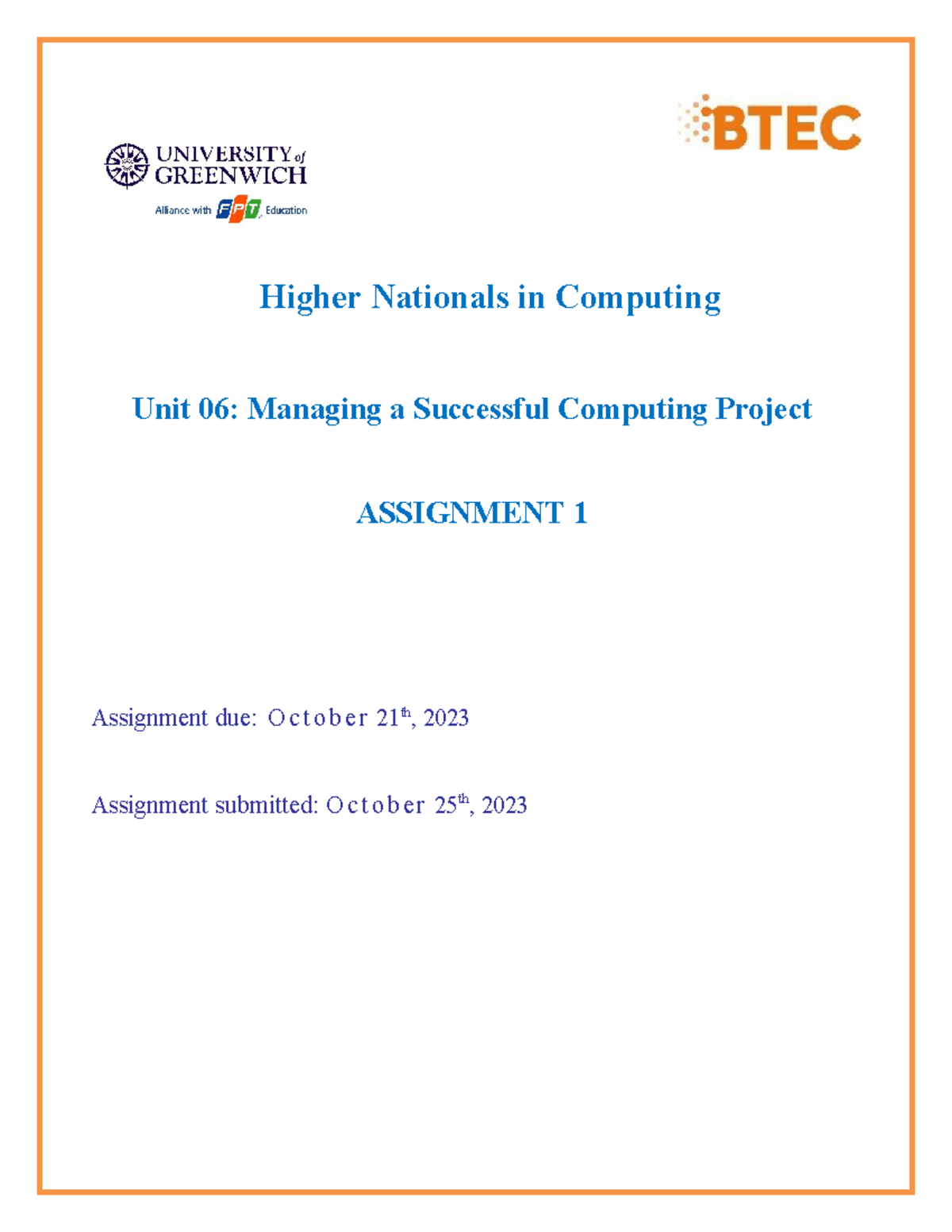 1625-ass1-Tran Quang Anh Thuan - Higher Nationals in Computing Unit 06 ...