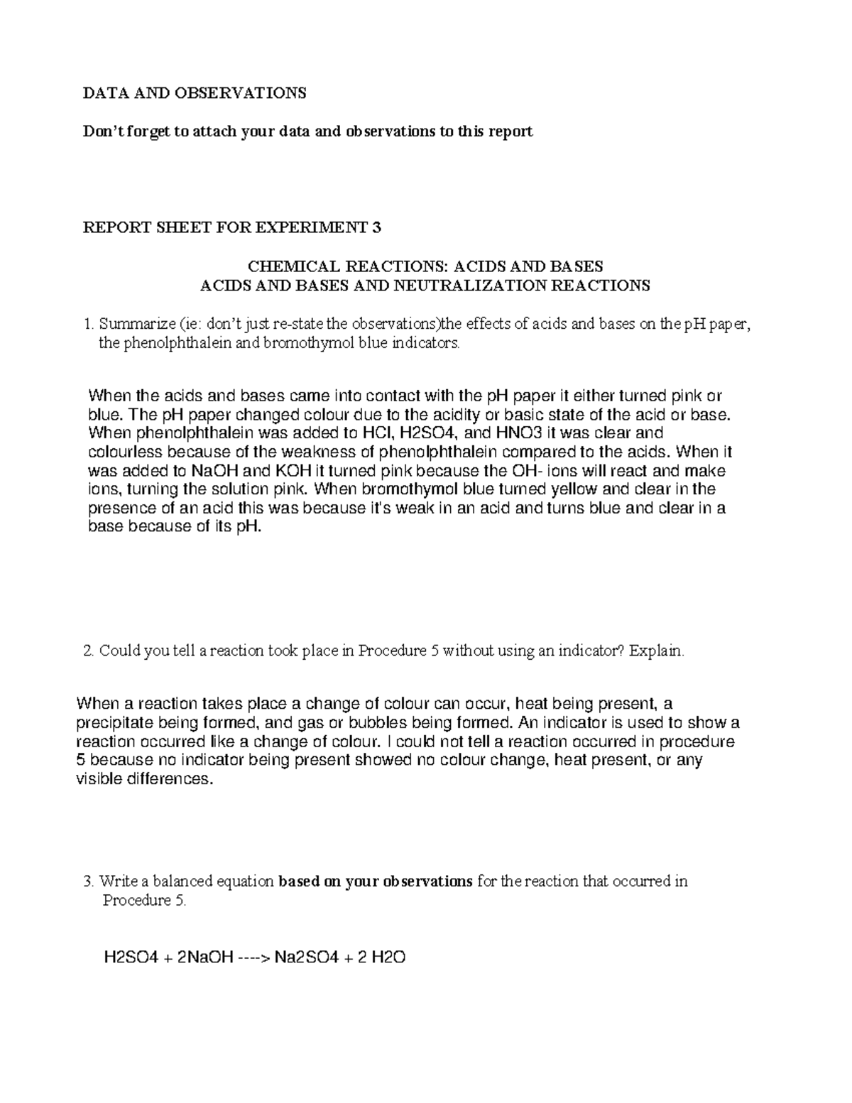 Experiment 3 Report Sheets - DATA AND OBSERVATIONS Don’t forget to ...