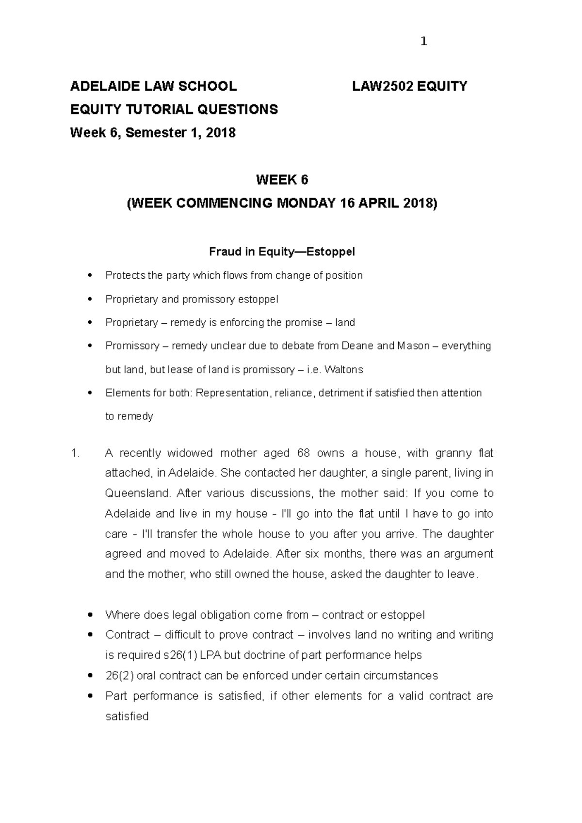 Equity Tutorial Questions: Fraud Estoppel and Contract Obligations ...