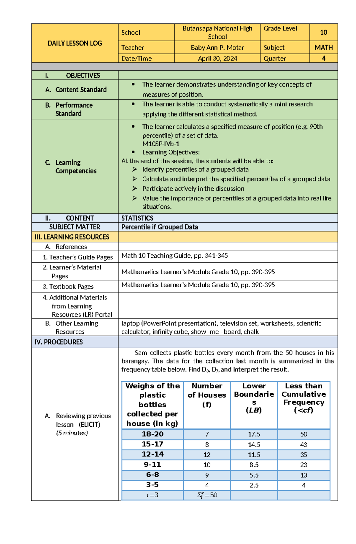 Lesson plan for percentiles for grouped data ( Final demo na to kaya ko ito) - DAILY LESSON LOG ...