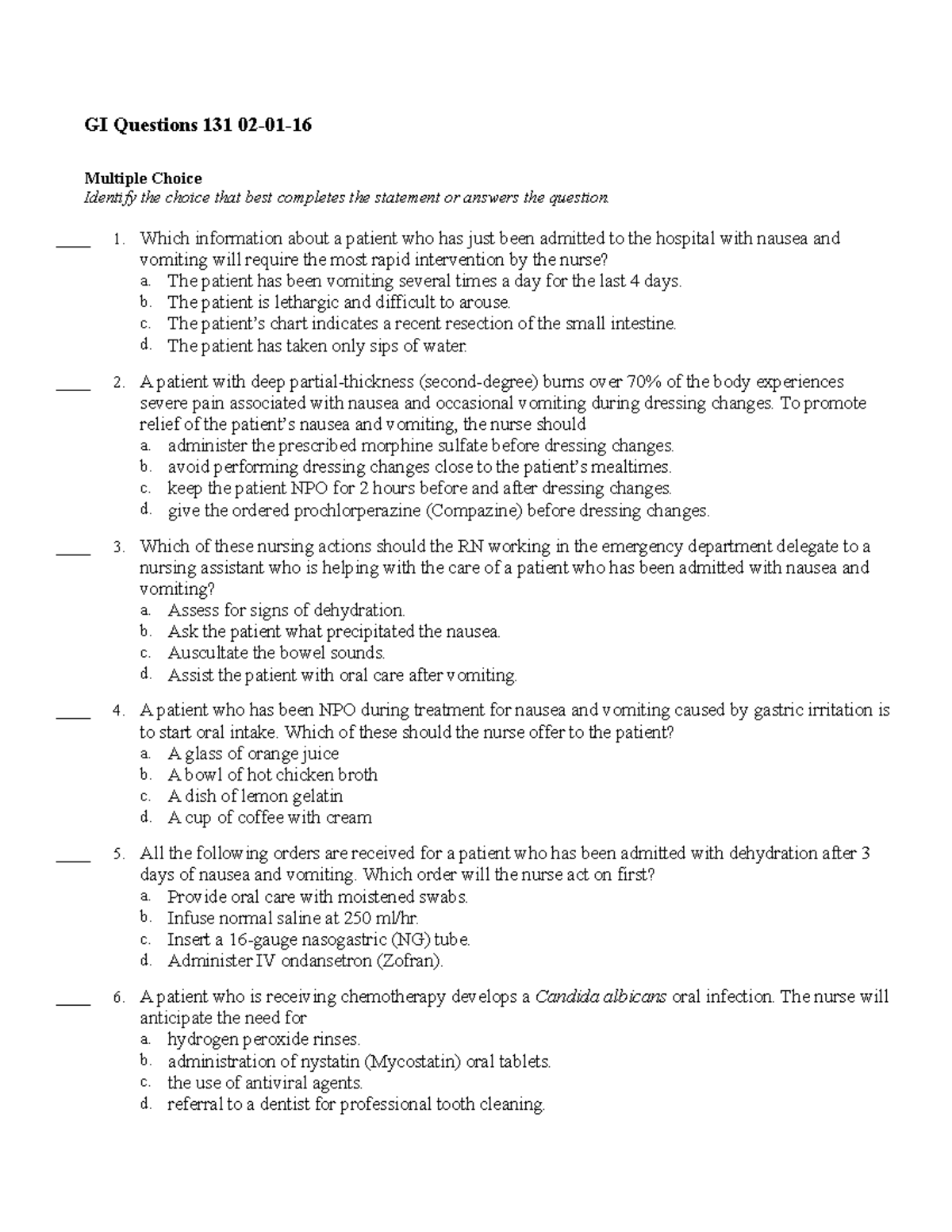 GI Test Lewis 02-01-16 questions & rationales sent - GI Questions 131 ...
