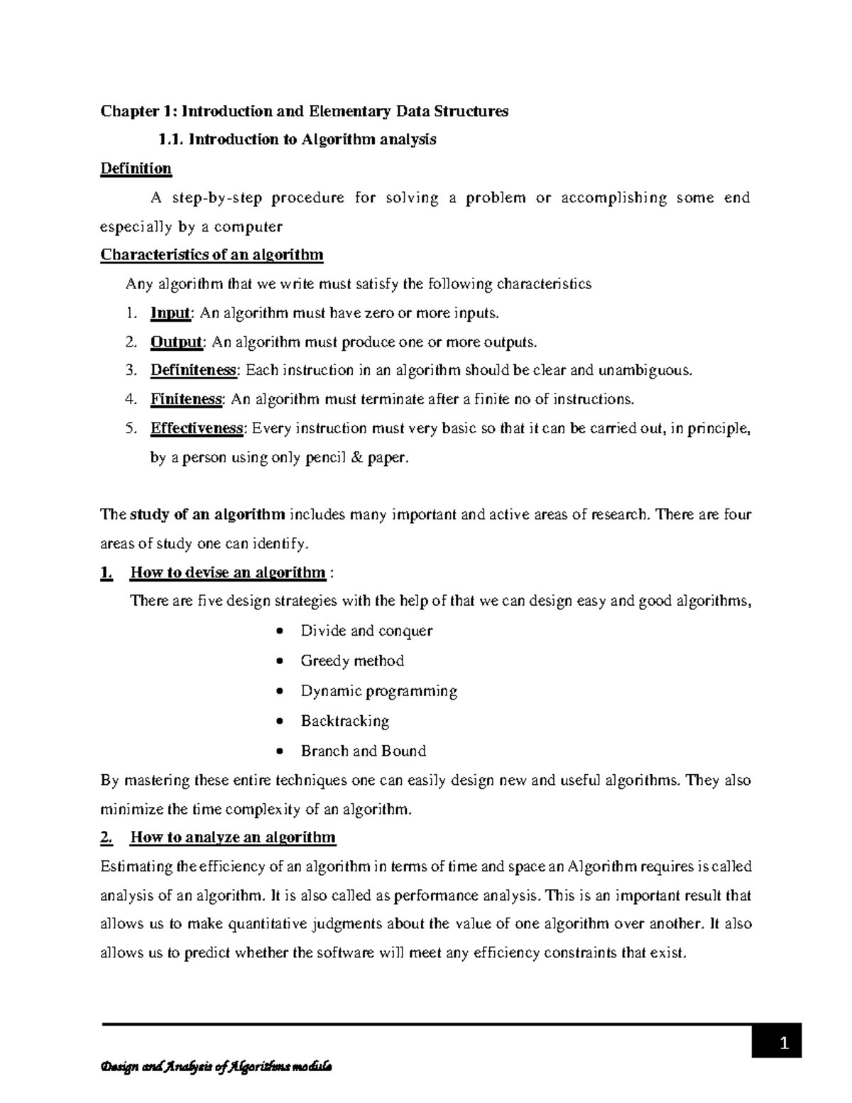 Design and analysis of algorithms module - 1 Chapter 1: Introduction and Elementary Data ...