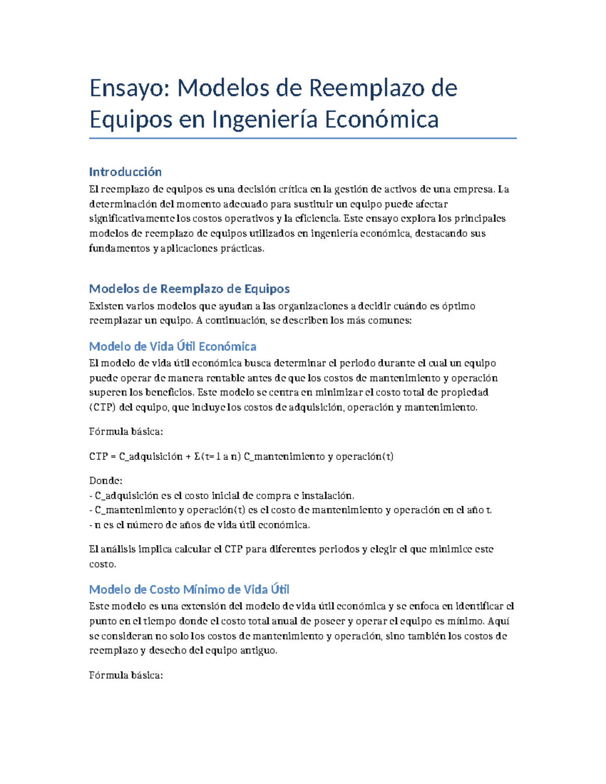 Ensayo Modelos de Reemplazo de Equipos - La determinación del momento ...