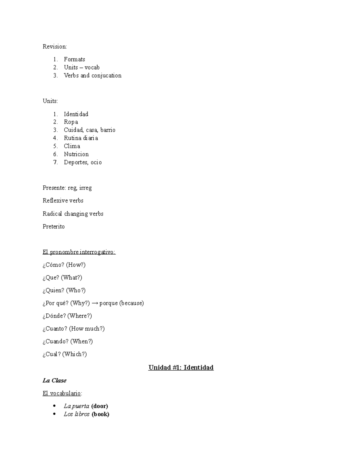 Spanish Vocabulary Of Things Revision Formats Units Vocab Verbs