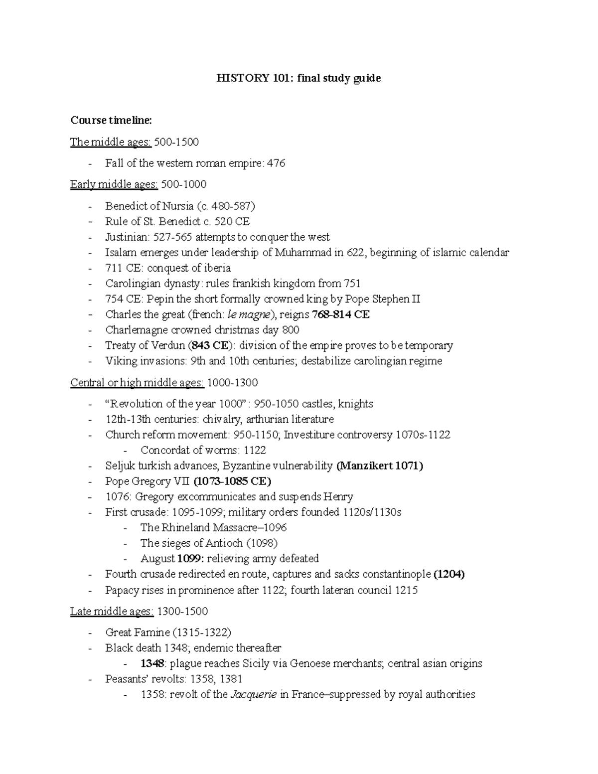 HIST 101 Final Study Guide - HISTORY 101: final study guide Course ...